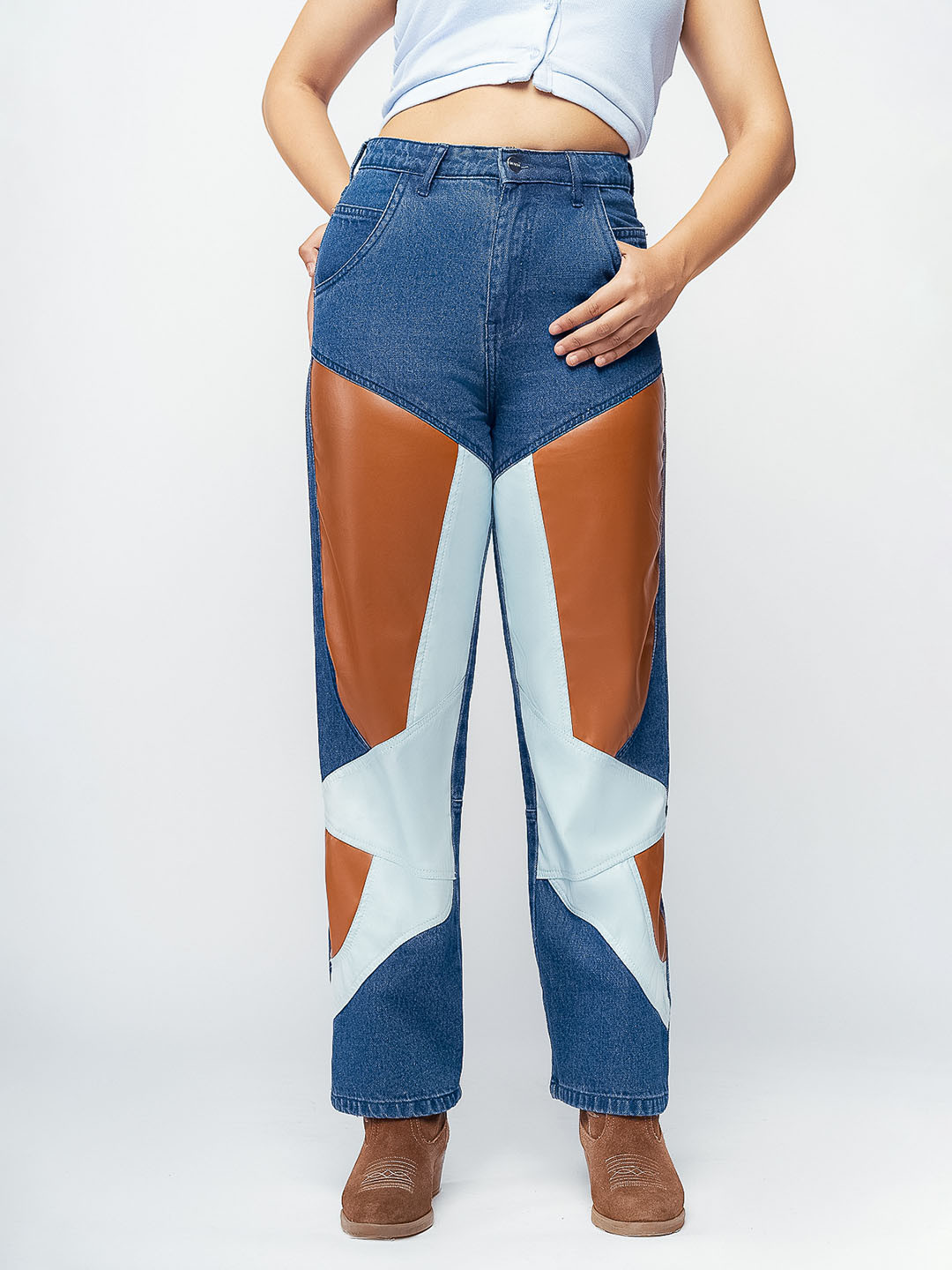 Buy FREAKINS Women Blue Straight Fit High Rise Leather Patched Jeans ...