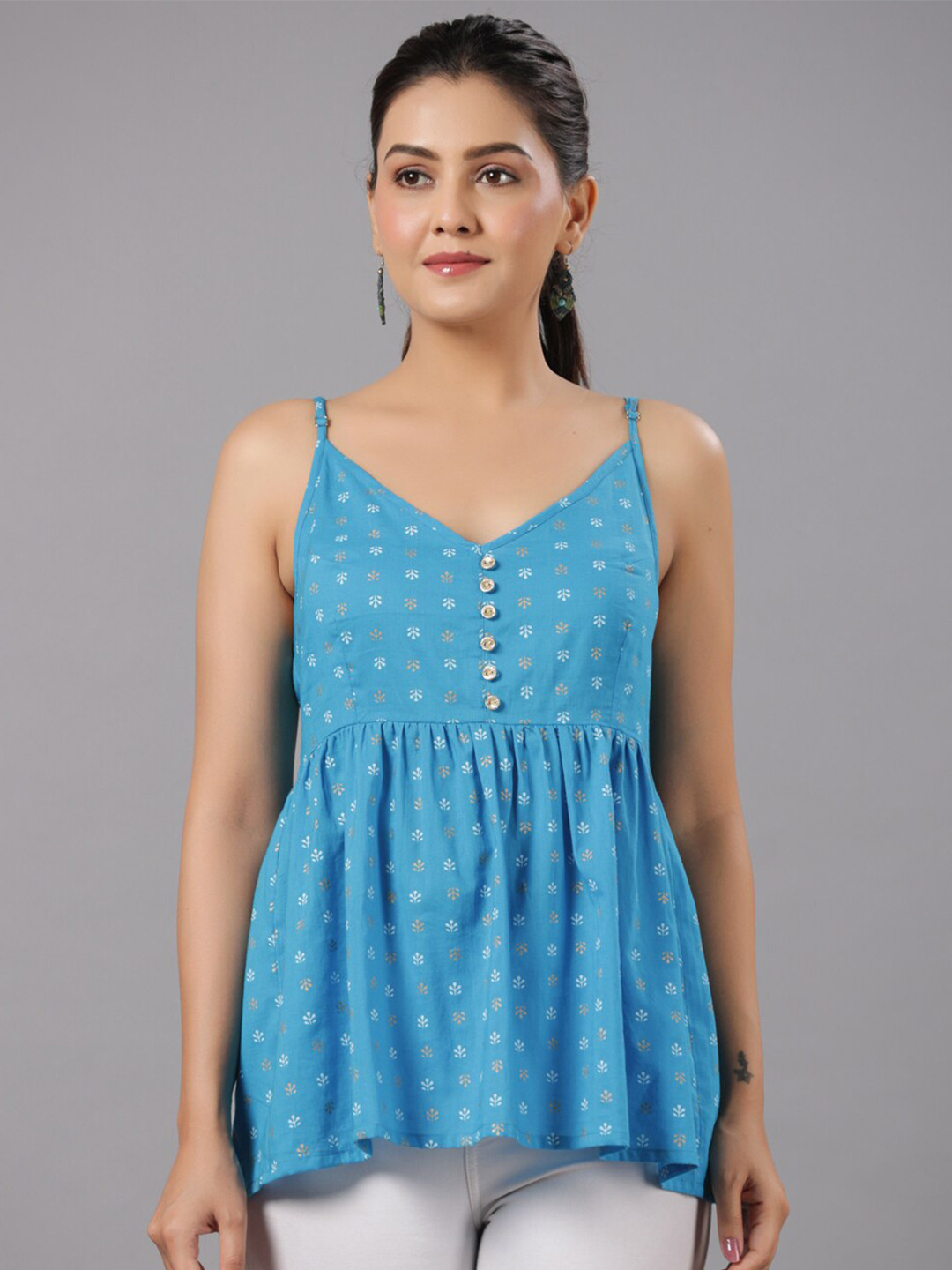 Buy CRAFTED FOR YOU Floral Printed Shoulder Strapped Cotton Empire Top ...