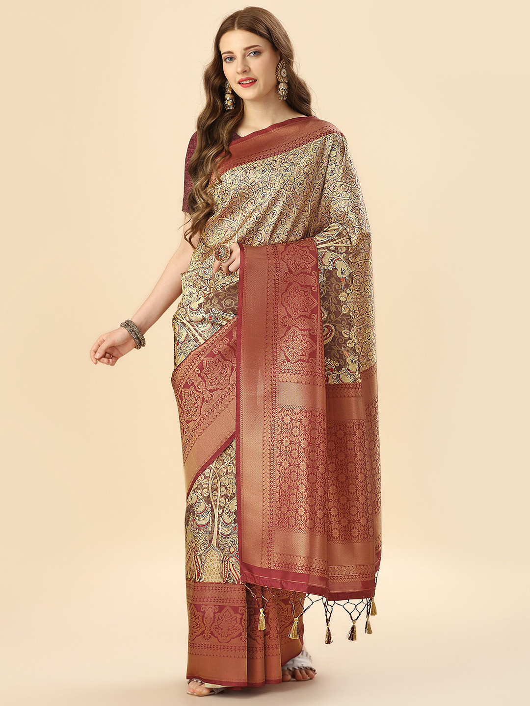 Buy Mitera Beige & Maroon Floral Printed Zari Banarasi Saree - Sarees ...