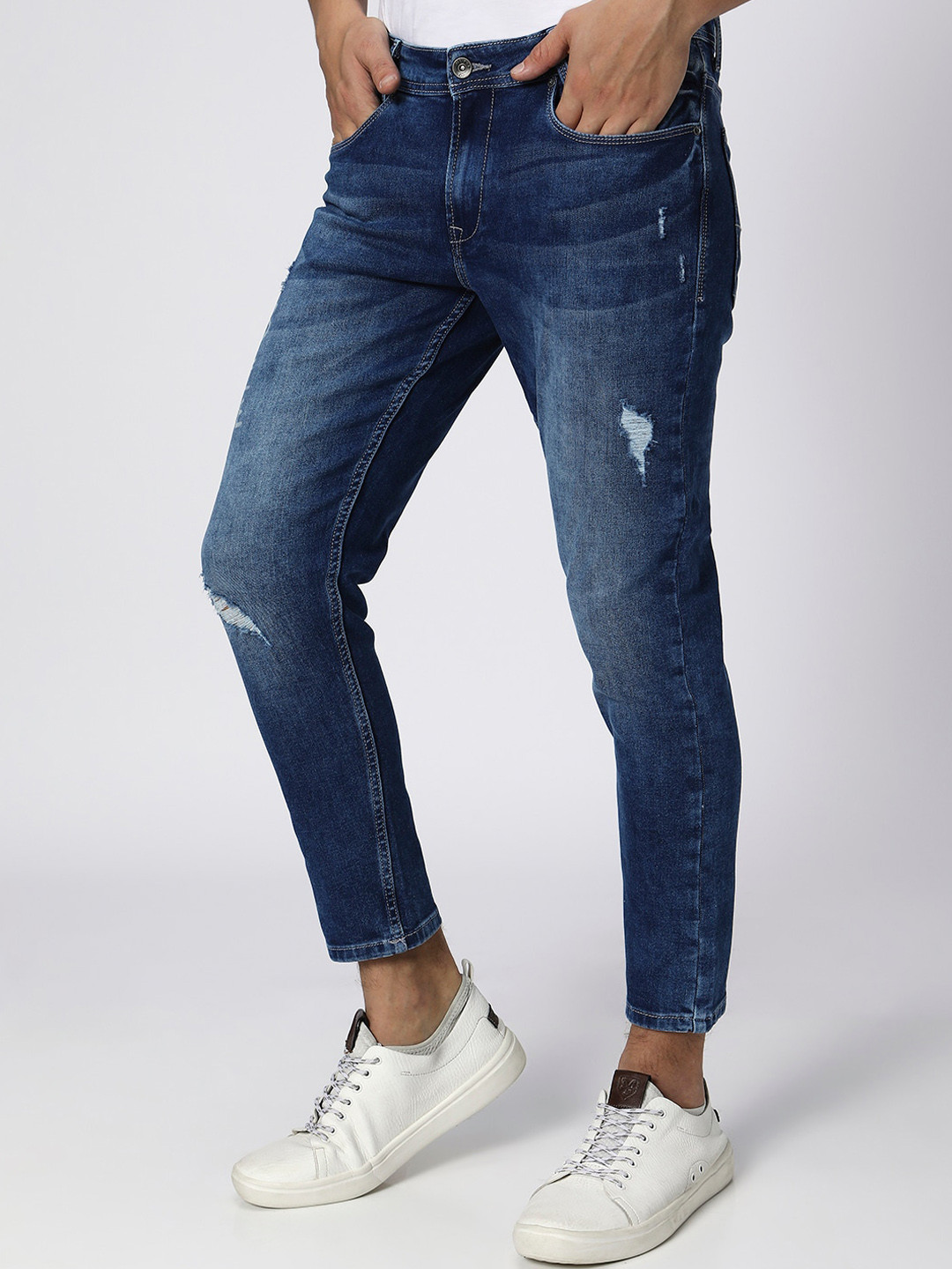 Buy Mufti Men Mid Rise Mildly Distressed Light Fade Stretchable Jeans ...