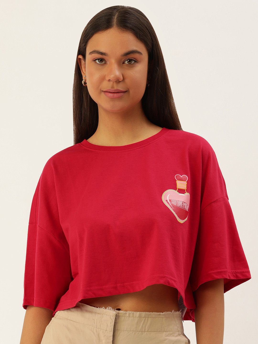 Buy FOREVER 21 Placement Print Extended Sleeves Boxy Crop Top - Tops ...