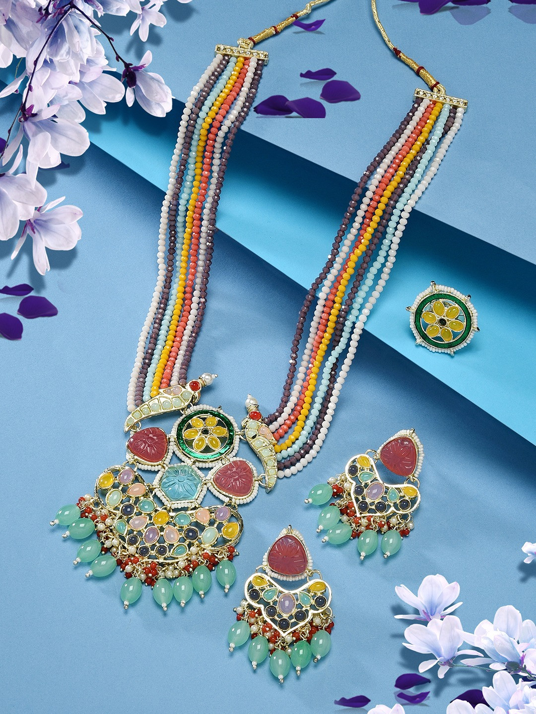 Buy Zaveri Pearls Stones Multistrand Crystal Beaded Jewellery Set ...