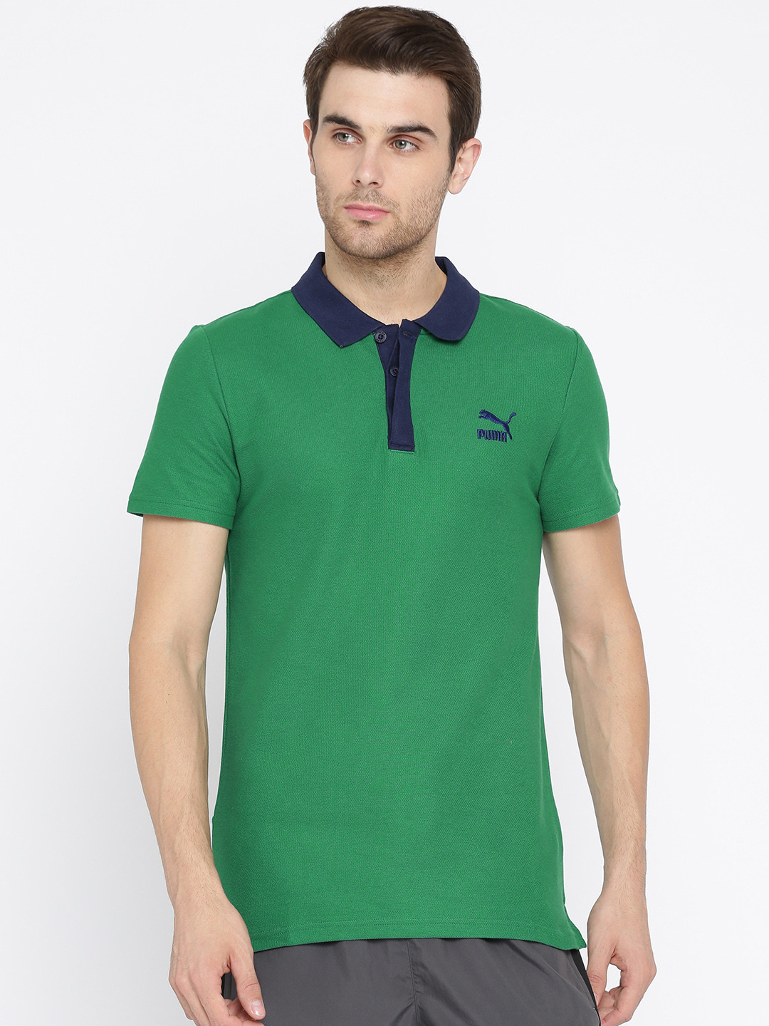 Buy Puma Men Green Solid Archive Logo Polo Collar Pure Cotton T Shirt ...