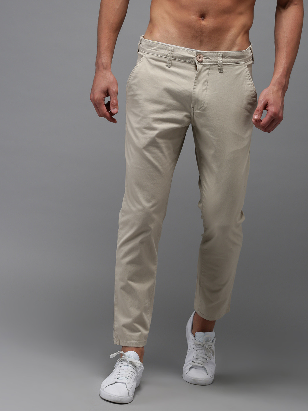 Buy HERE&NOW Men Beige Slim Fit Solid Cropped Chinos - Trousers for Men ...
