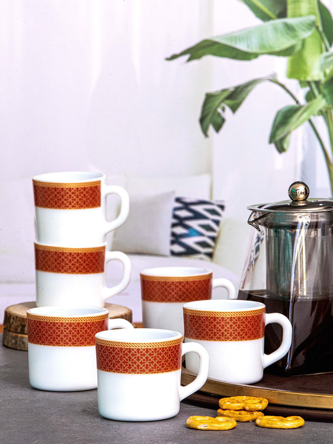 Buy Cello Solitaire Set Of 12 White & Red Ruby Opalware Glossy Mug Set ...