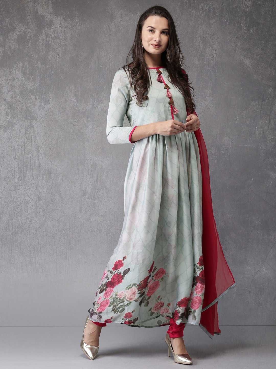 Buy Anouk Women Blue And Magenta Printed Kurta With Churidar And Dupatta