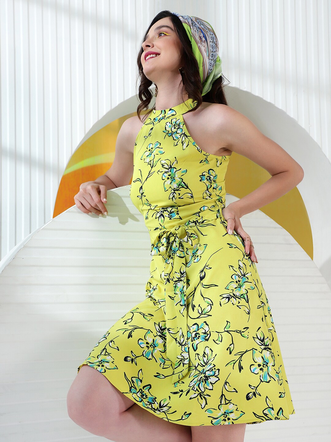 Buy KASSUALLY Floral Print Halter Neck Crepe A Line Dress With Belt ... Buy KASSUALLY Floral Print Halter Neck Crepe A Line Dress With Belt ...