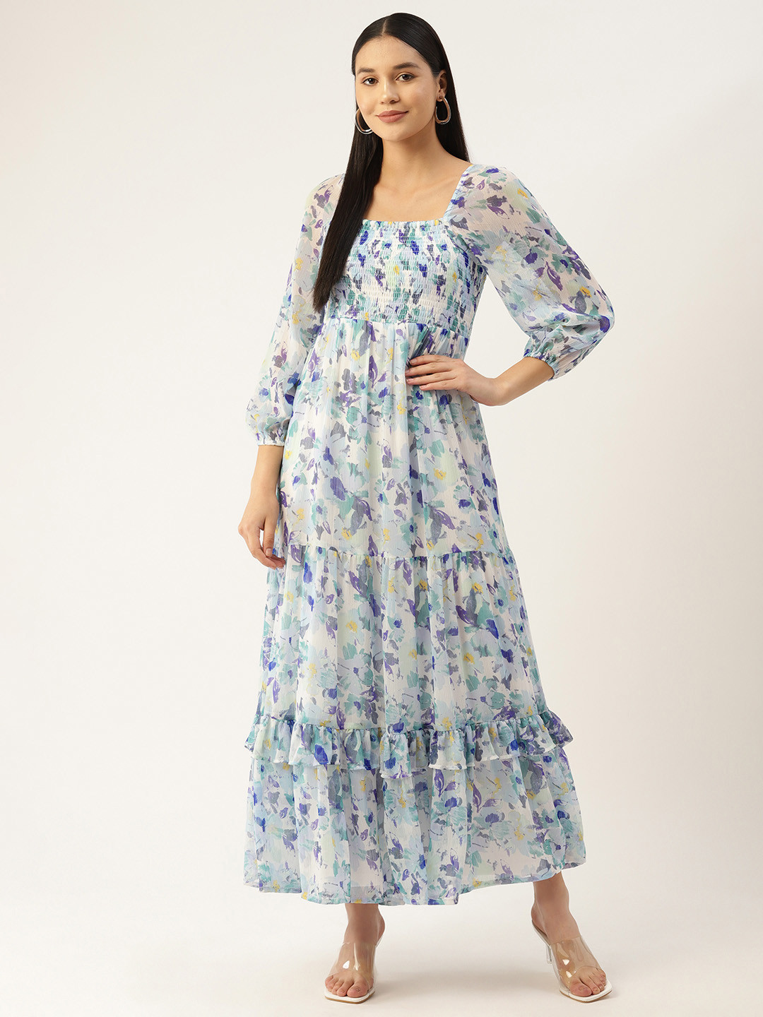 Buy Deewa Floral Print Puff Sleeves Smocked Chiffon A Line Maxi Dress ...