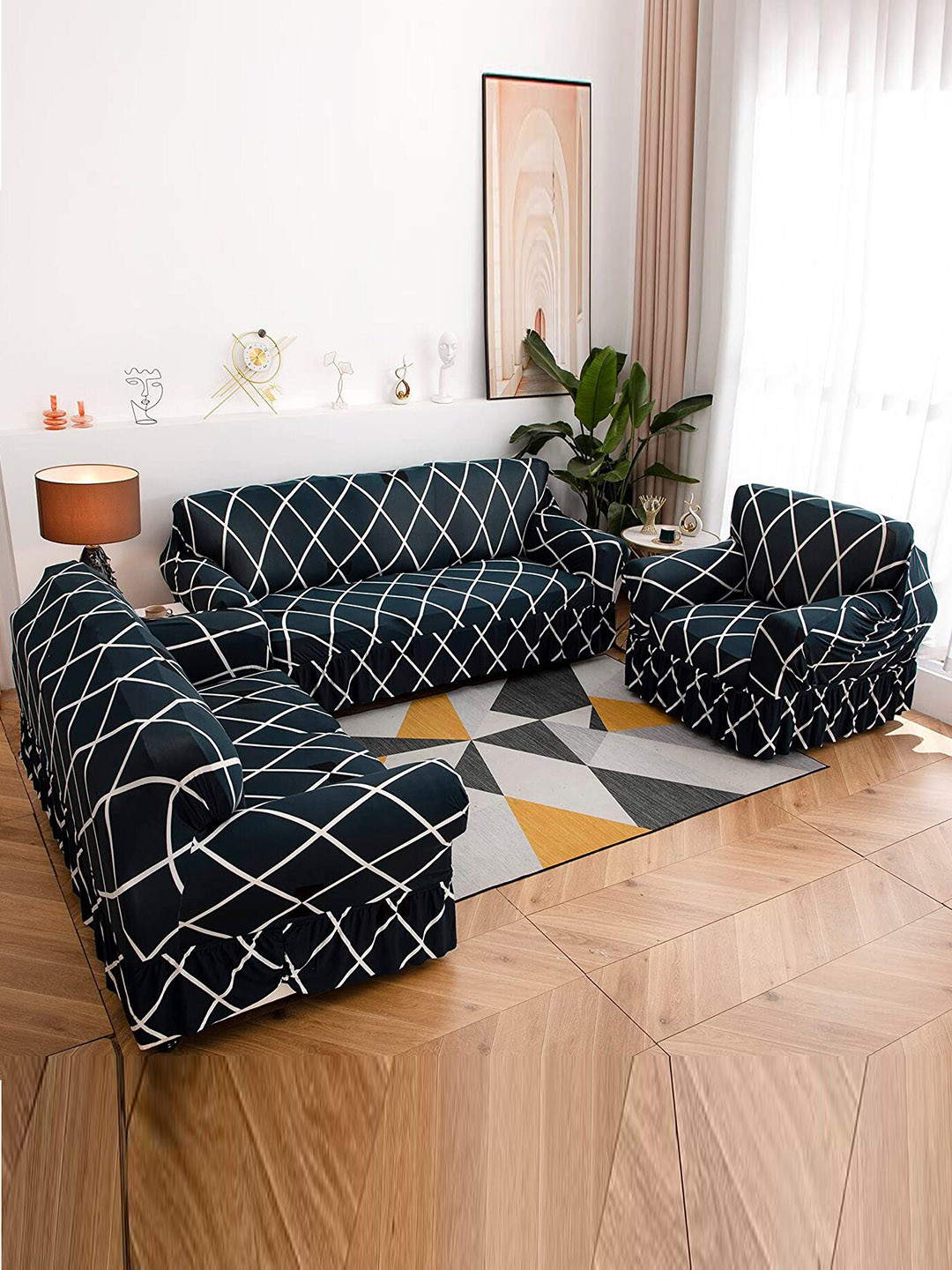 Buy HOUSE OF QUIRK Teal Blue & White Printed Stretchable 3 Seater Sofa ...