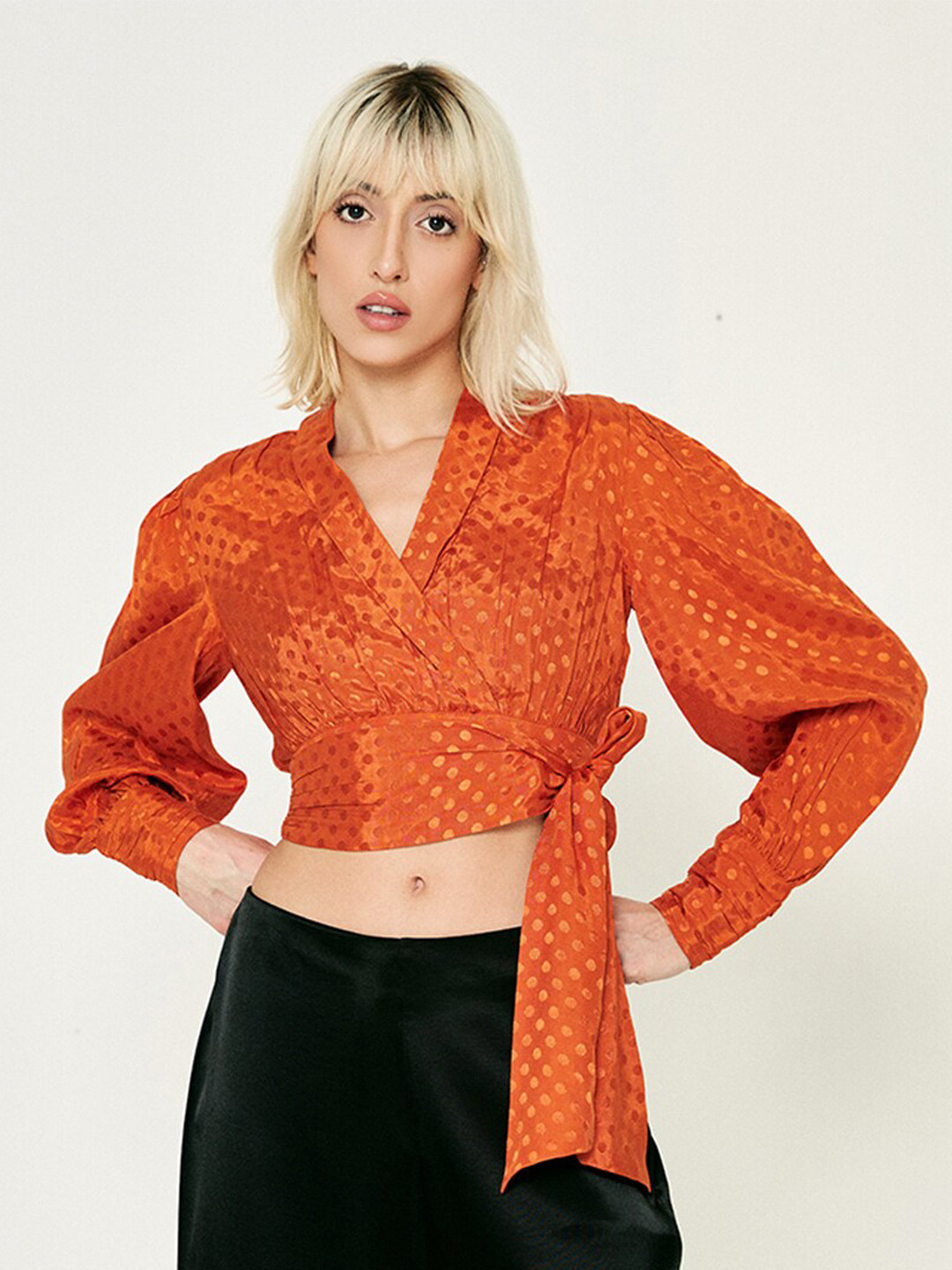 Buy COVER STORY Orange Geometric Printed Cuffed Sleeves Wrap Crop Top ...