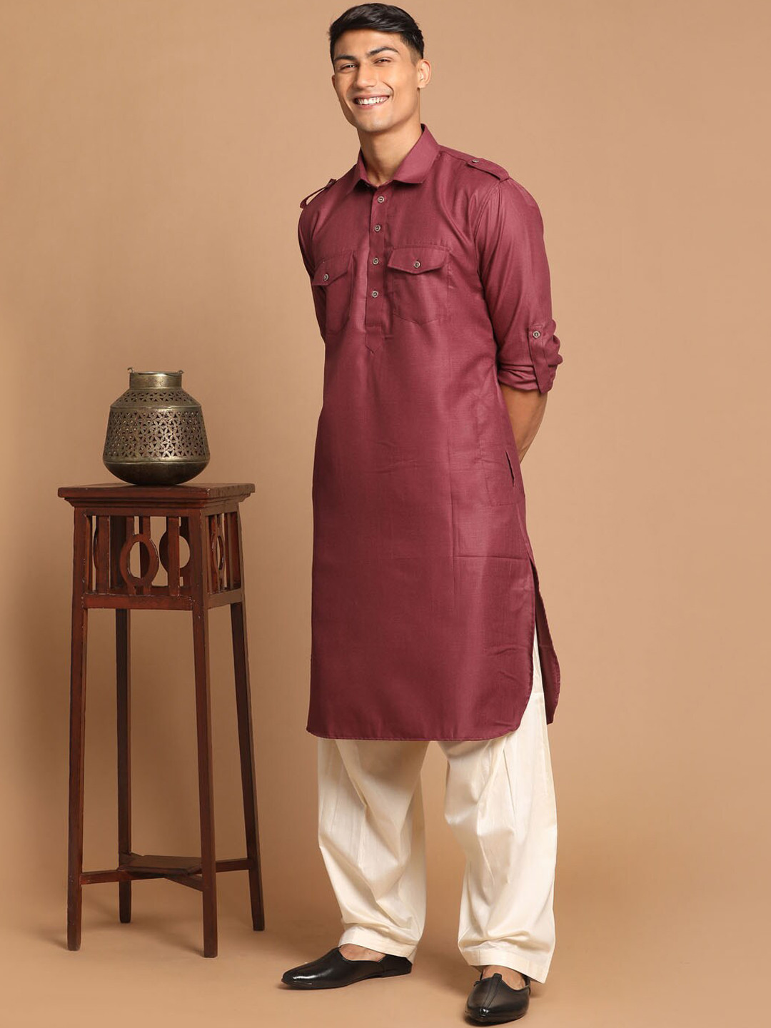 Buy VASTRAMAY Shirt Collar Roll Up Sleeves Pathani Kurta With Patiala ...
