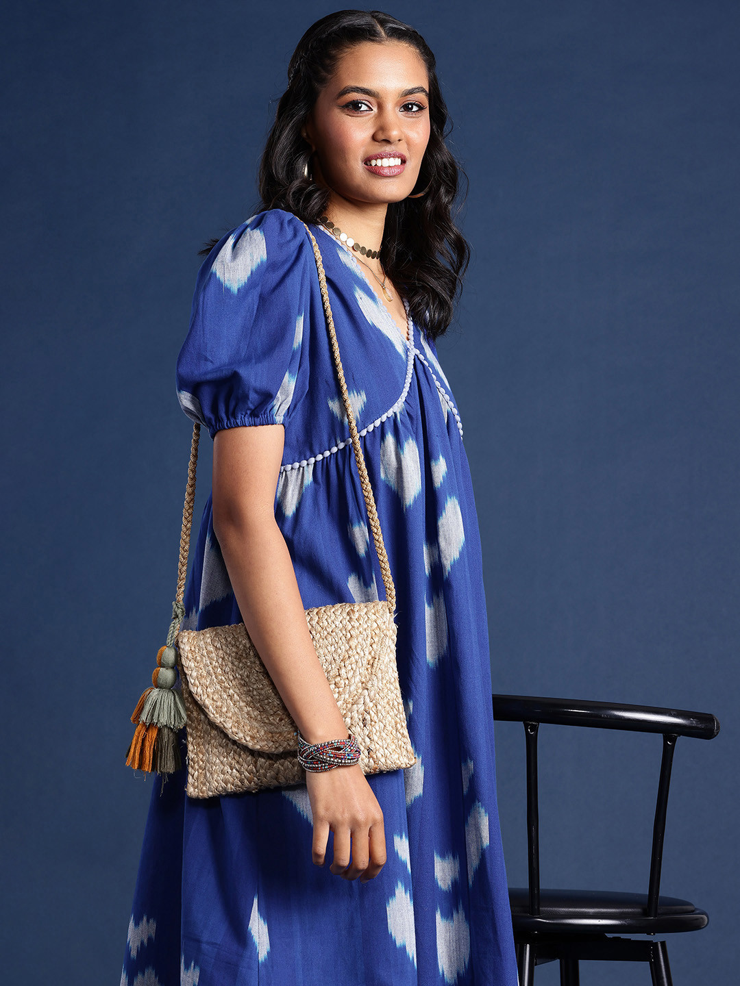 Buy Taavi Printed Puff Sleeves Knee Length A Line Ikat Dress - Dresses ...