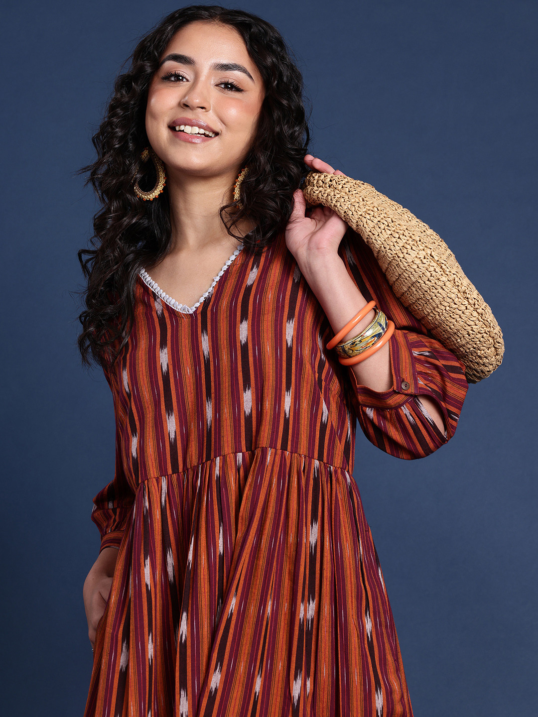 Buy Taavi Striped Puff Sleeve A Line Ikat Dress - Dresses for Women ...