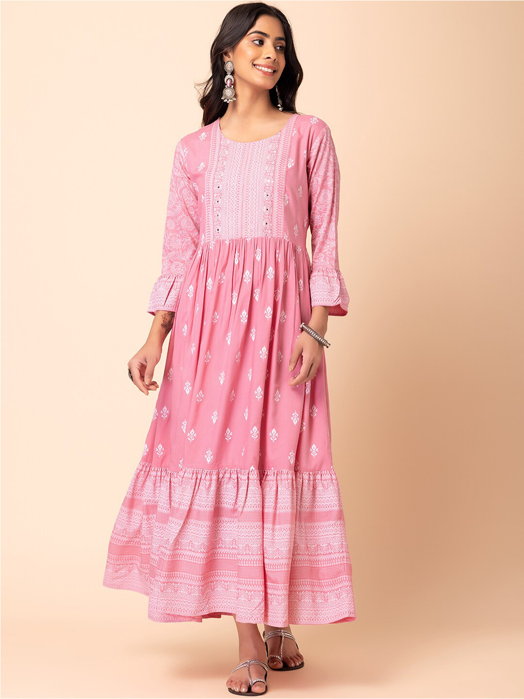 Buy Rang By Indya Ethnic Motifs Printed Maxi Ethnic Dress - Ethnic ...