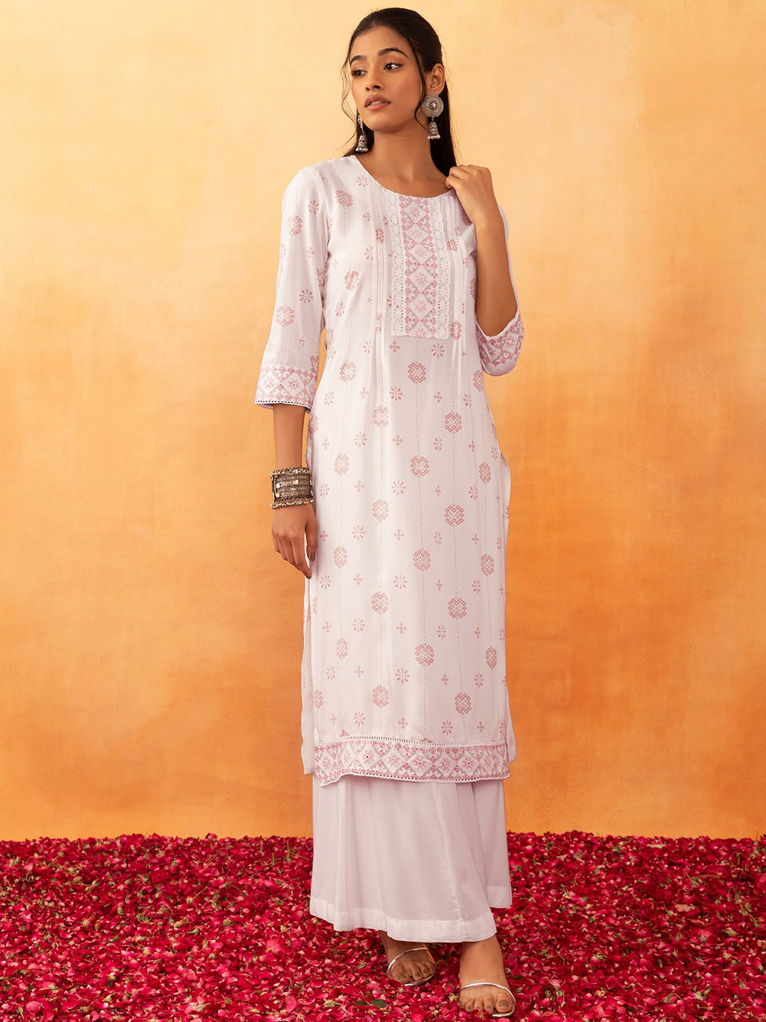 Buy Rang By Indya Lace Ethnic Motifs Printed Straight Kurta - Kurtas ...