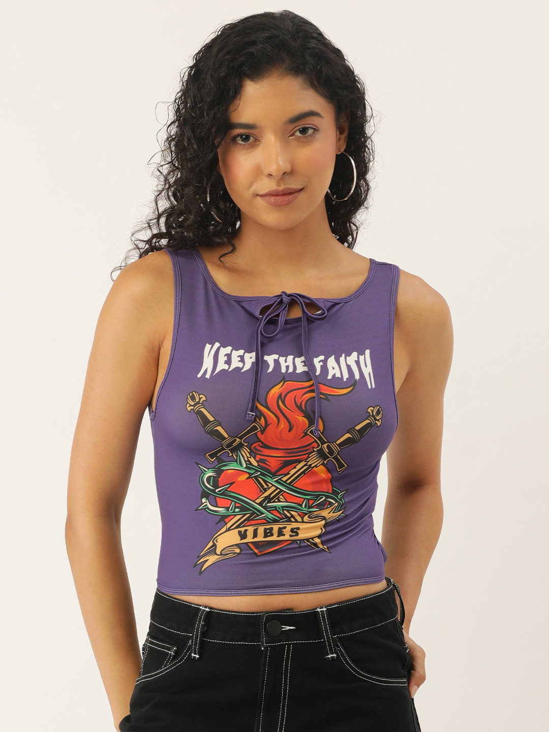 Buy FOREVER 21 Typography Print Tie Up Neck Knitted Waist Tie Ups Tank ...