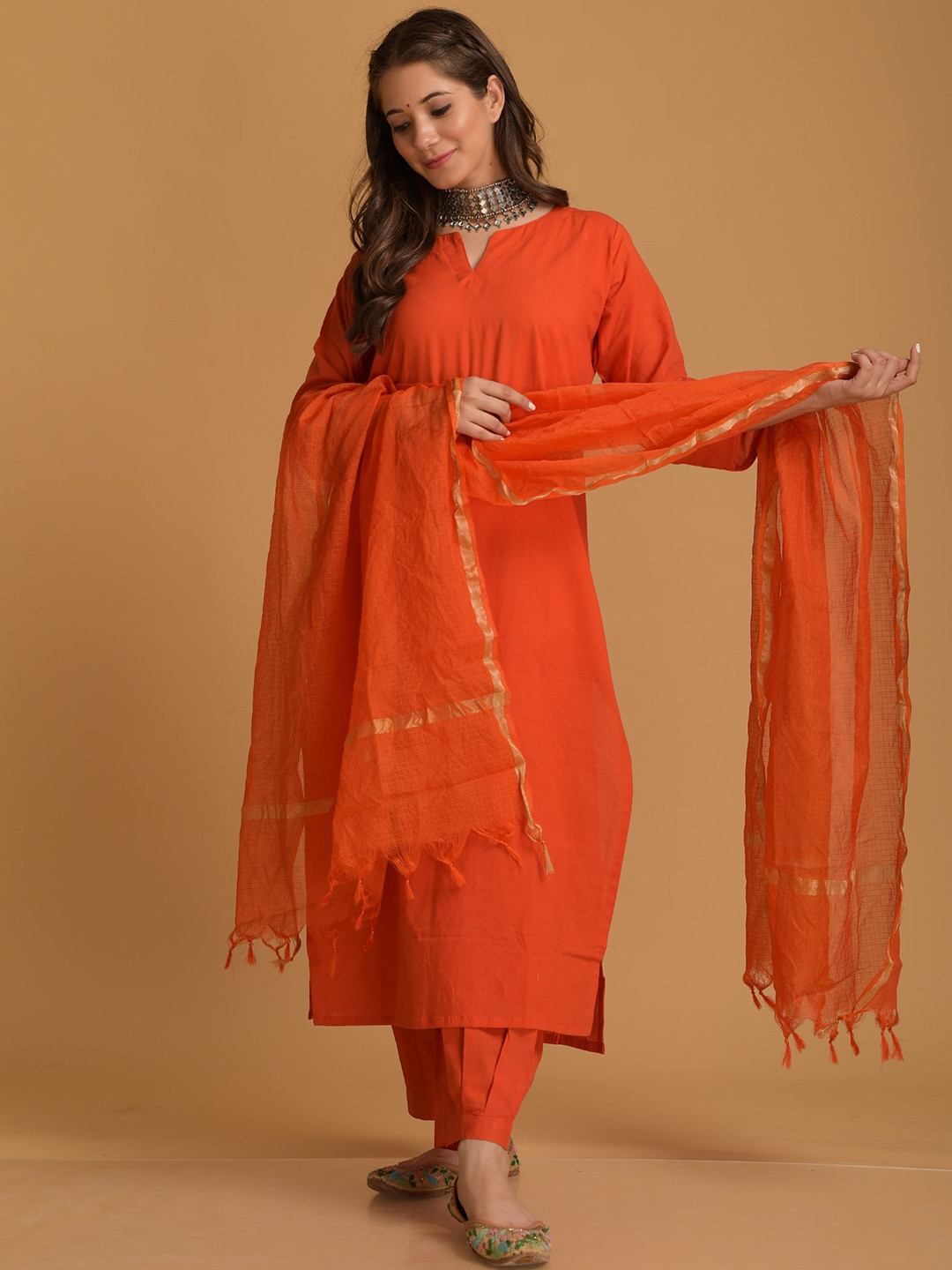 Buy DIMPLE DESIGN STUDIO Notched Neck Pure Cotton Kurta With Salwar ...