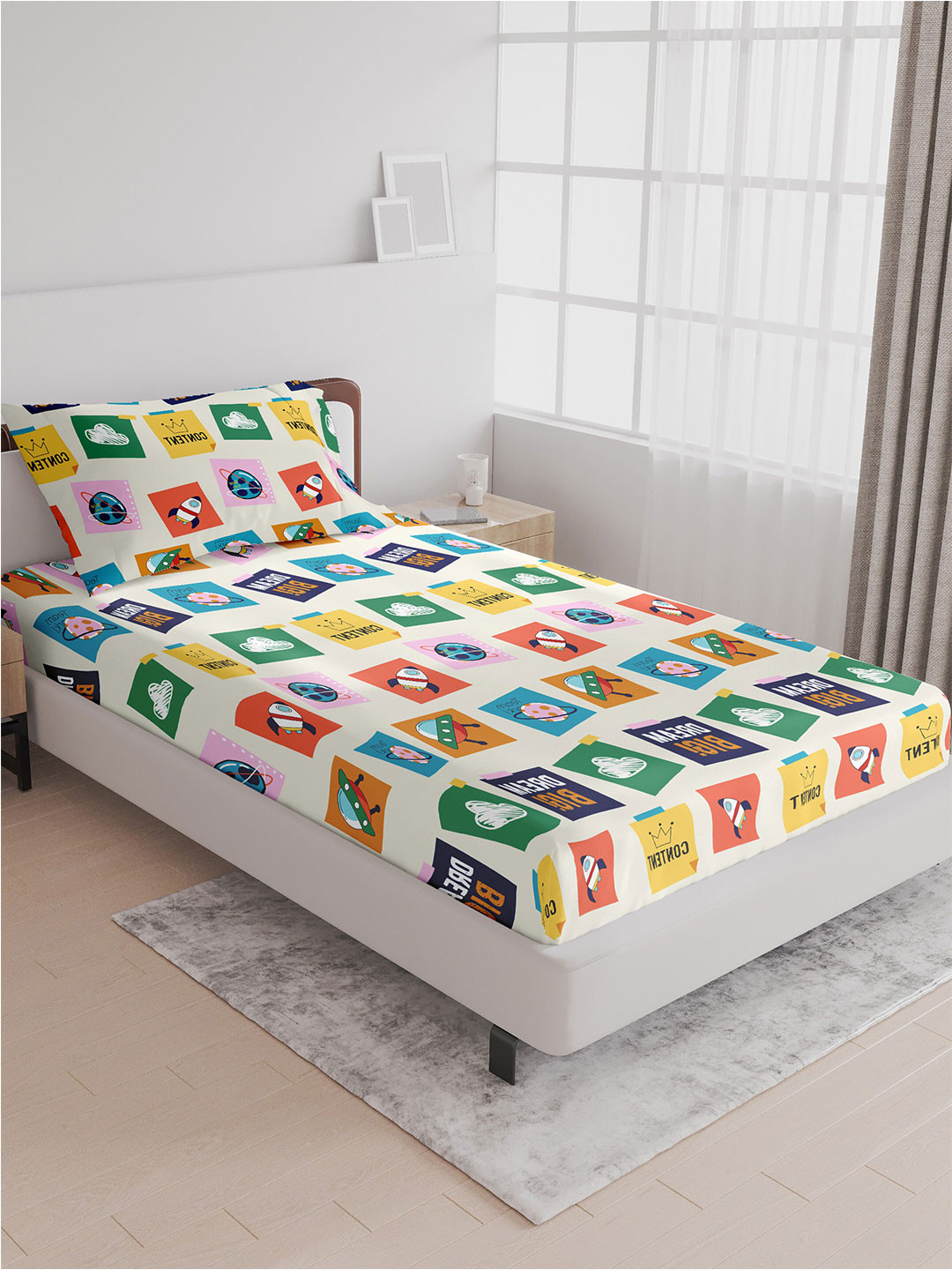 Buy LABHAM Kids Mania Olive Green Graphic Cotton 144 TC Single Bedsheet With 1 Pillow Cover ...