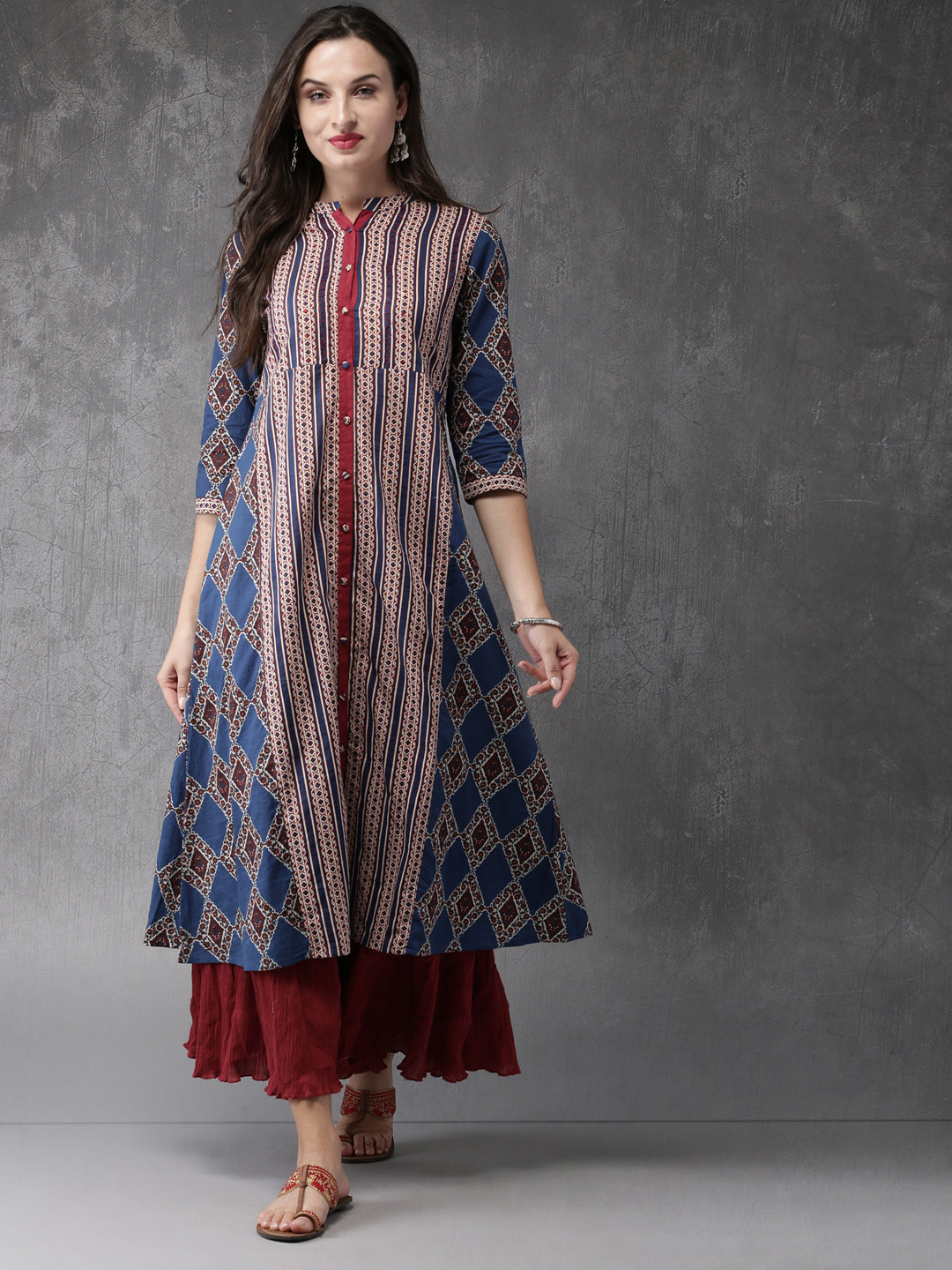 Buy Anouk Women Navy Blue & Maroon Printed A Line Kurta - Kurtas for ...
