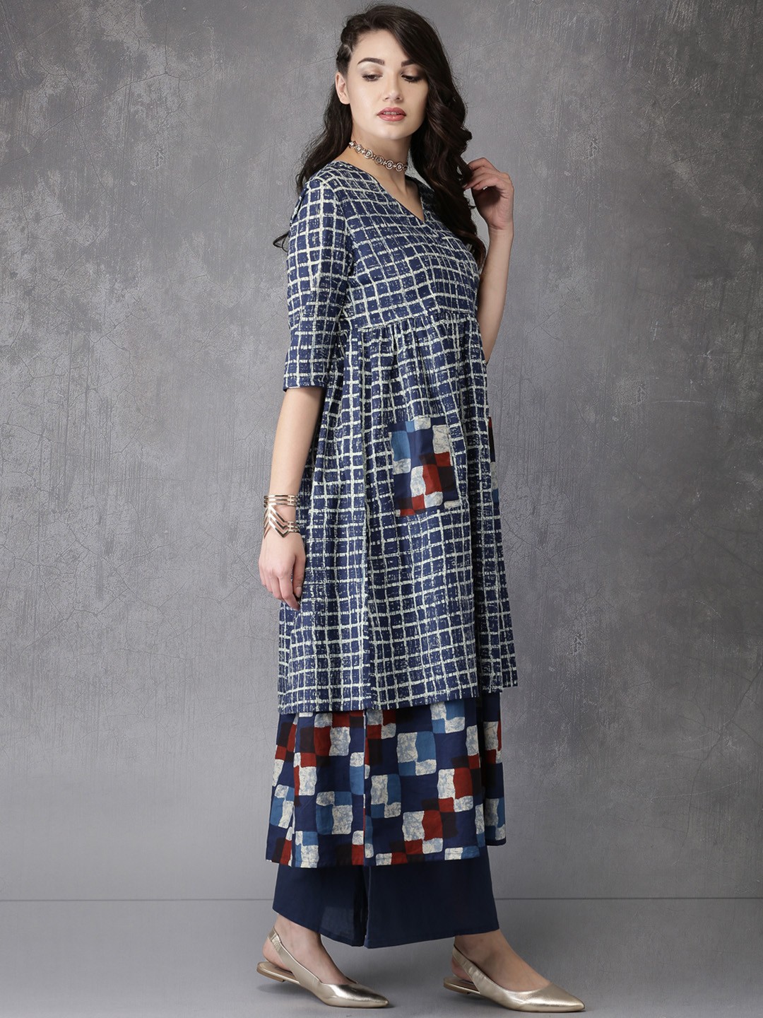 Buy Anouk Women Navy And Off White Printed Layered A Line Kurta Kurtas