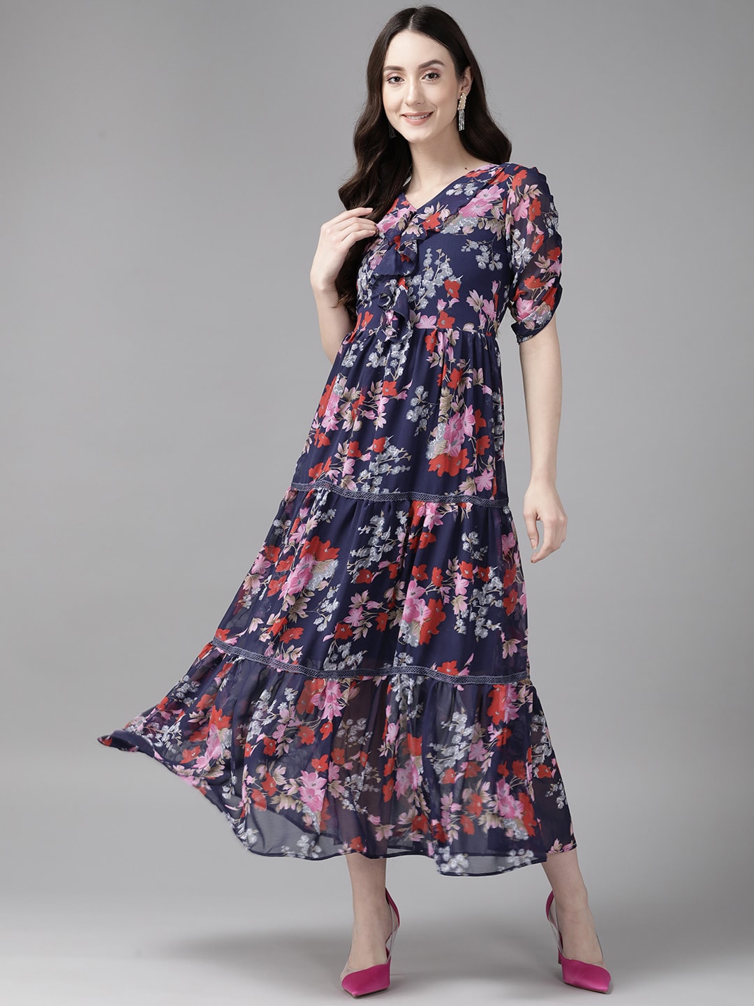 Buy Baesd Floral Printed Puff Sleeves Georgette Maxi Dress Dresses