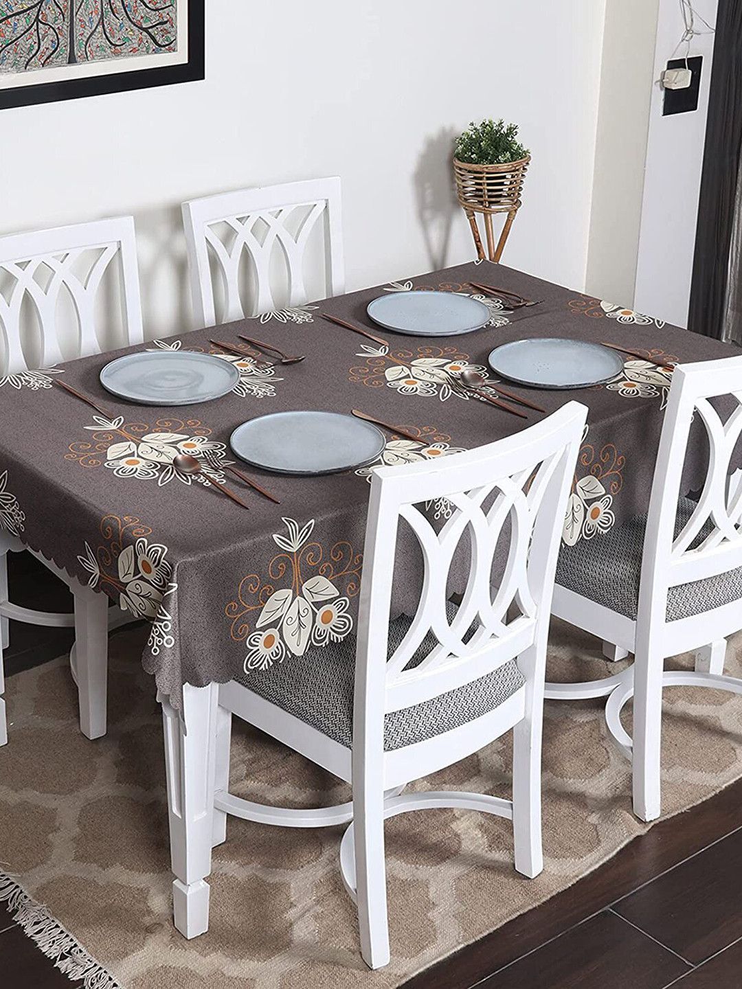 Buy HOUSE OF QUIRK Grey & Beige Printed PVC Dust Proof 4 Seater Table ...