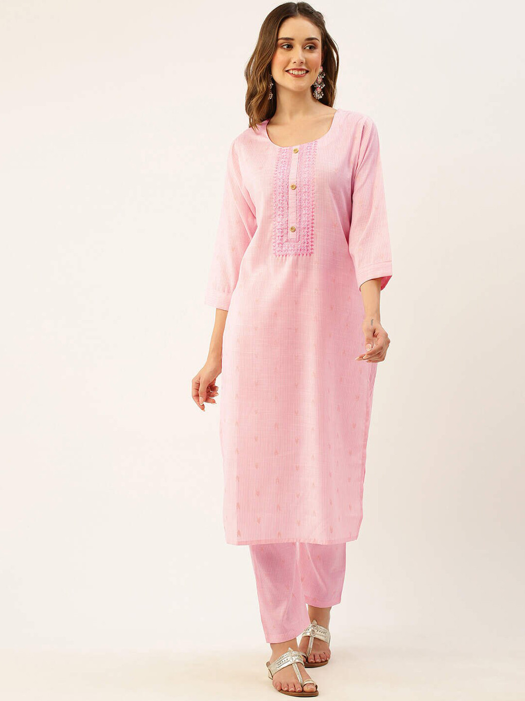Buy ZOLA Pink Geometric Printed Regular Pure Cotton Kurta With Trousers ...