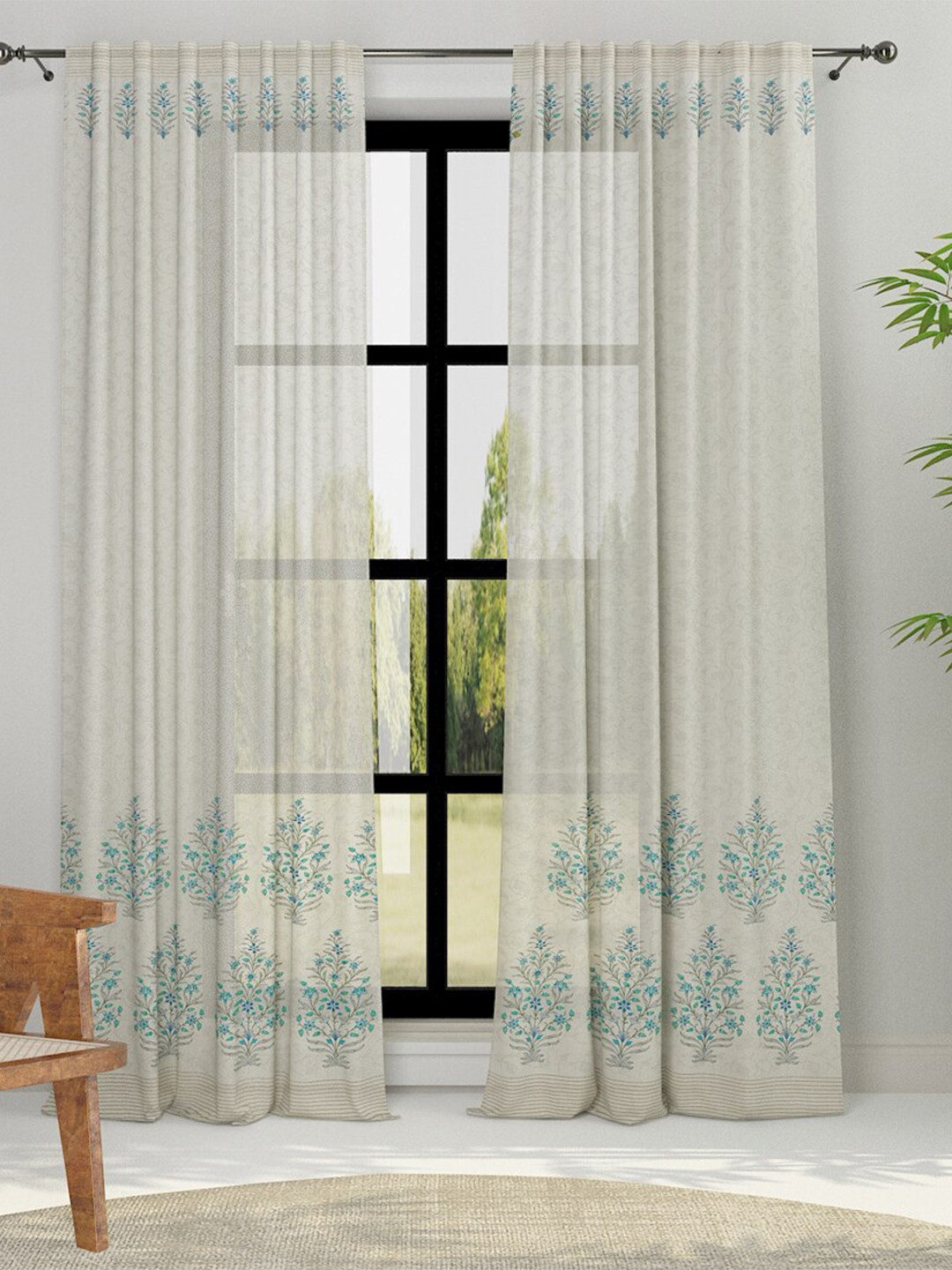 Buy Fabindia Kathit White & Blue Floral Printed Sheer Long Door Curtain ...