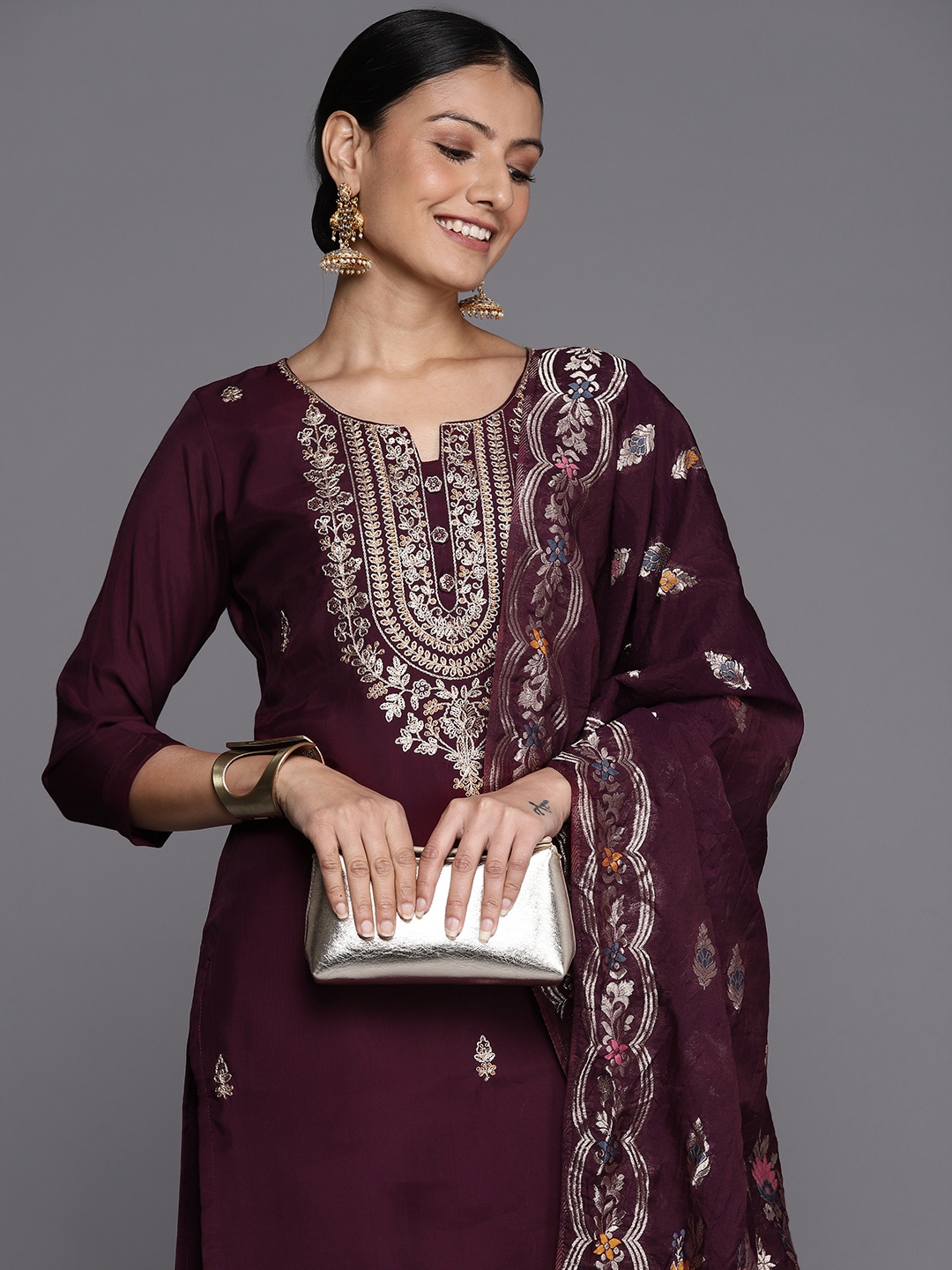 Buy Libas Floral Embroidered Sweetheart Neck Kurta With Trousers