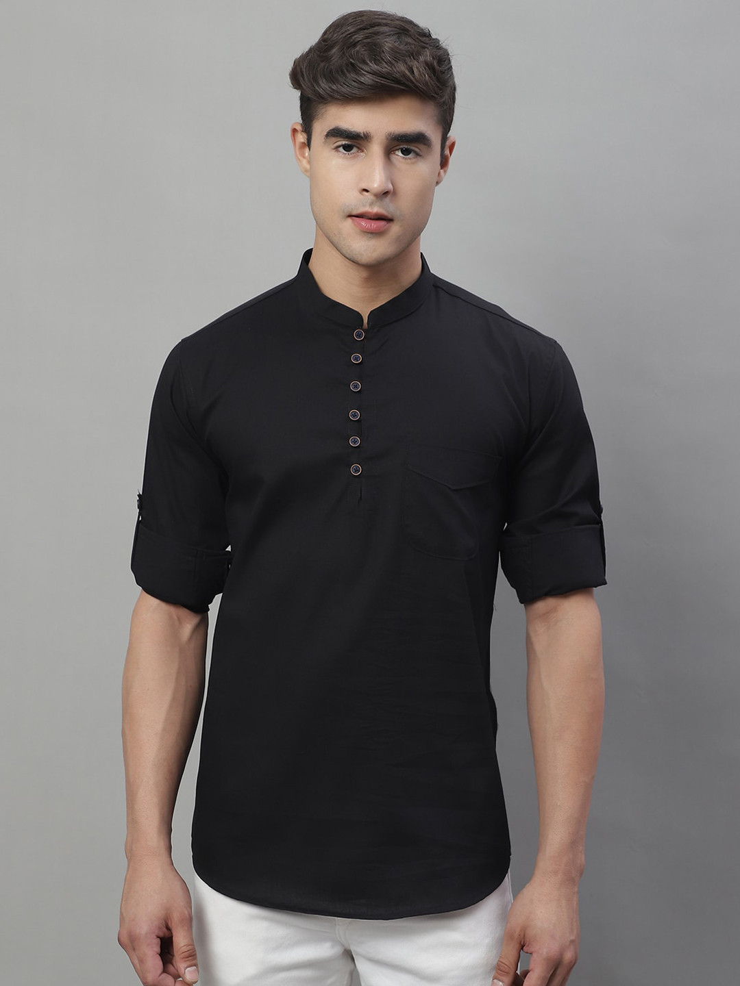 Buy Majestic Man Mandarin Collar Pure Cotton Above Knee Length Kurta ...