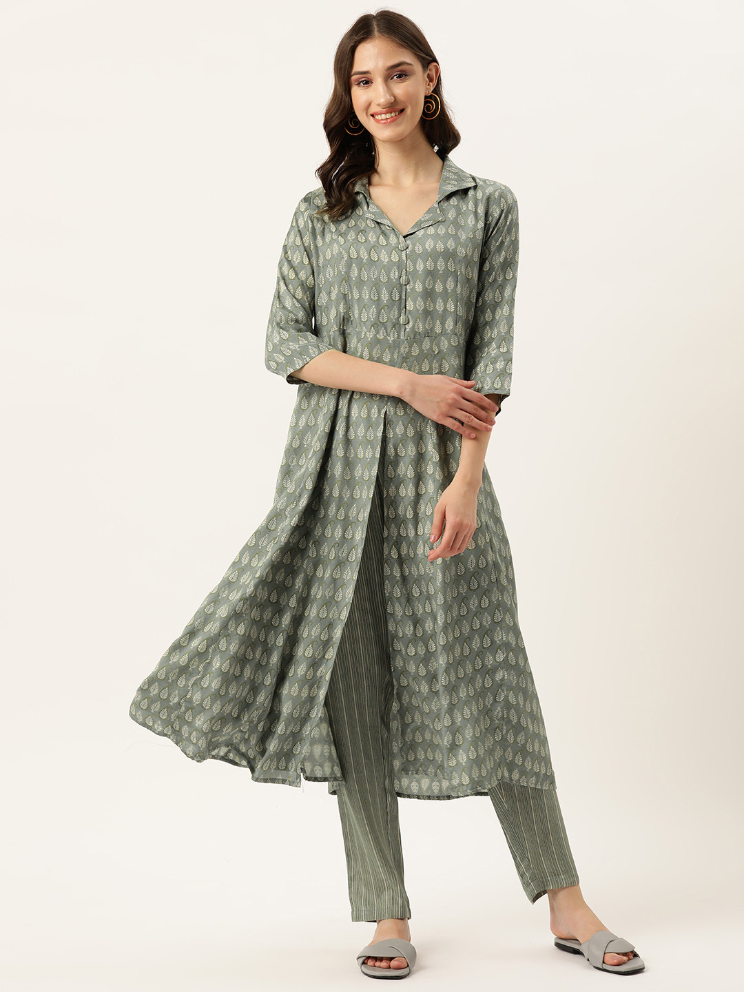 Buy DIVYANK Women Ethnic Motifs Printed High Slit Kurta With Trousers ...