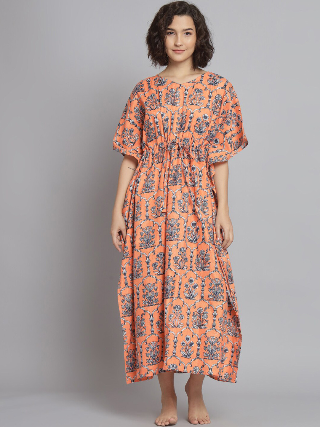 Buy SEPHANI Ethnic Motifs Printed Pure Cotton Kaftan Maxi Nightdress ...