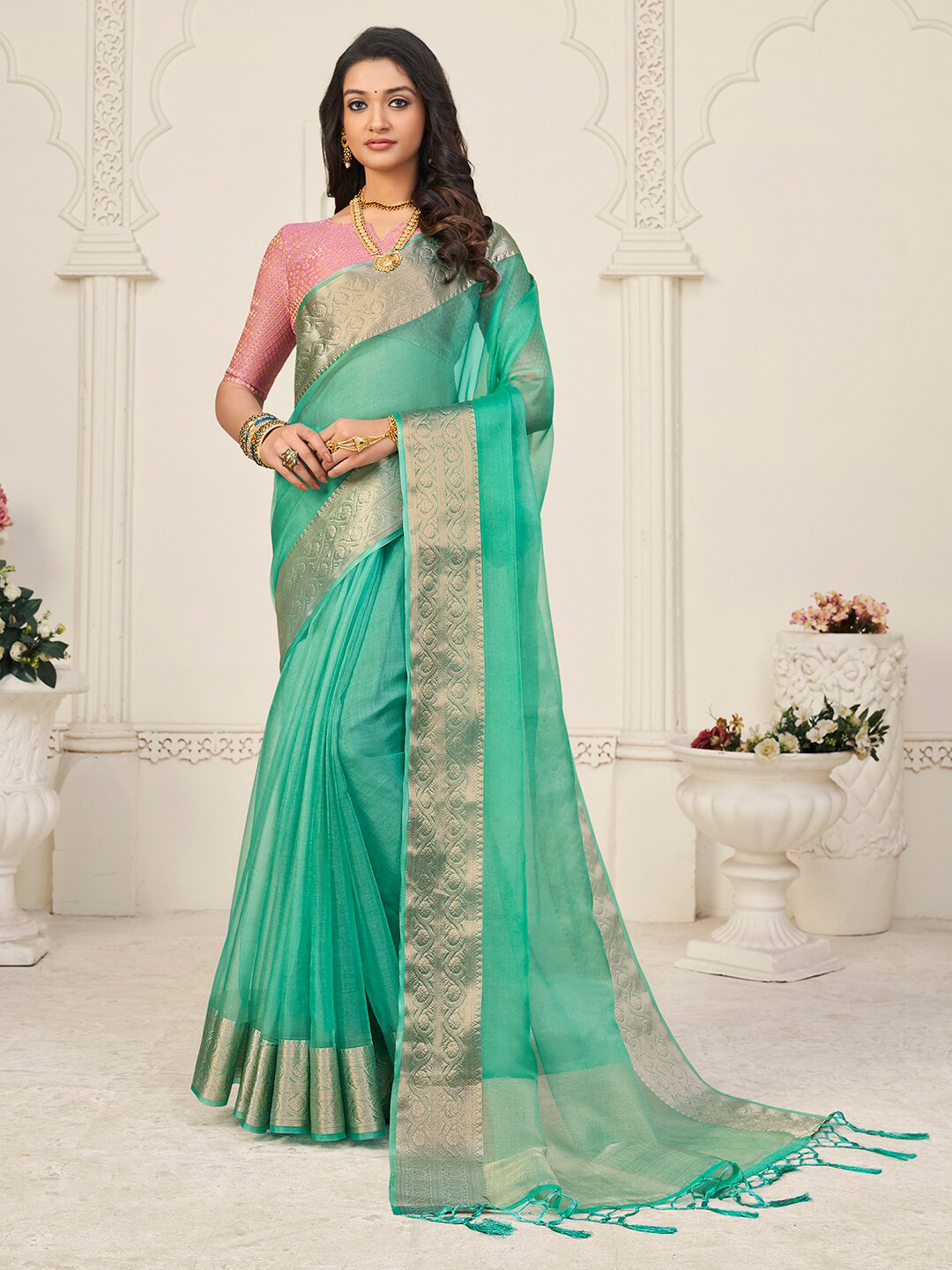 Buy Mitera Sea Green & Gold Toned Woven Design Zari Organza Saree ...
