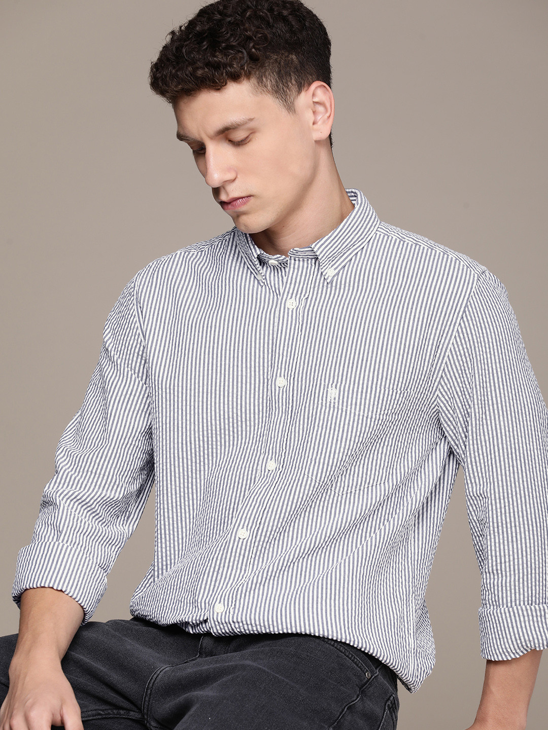 Buy French Connection Men Pure Cotton Slim Fit Striped Casual Shirt ...