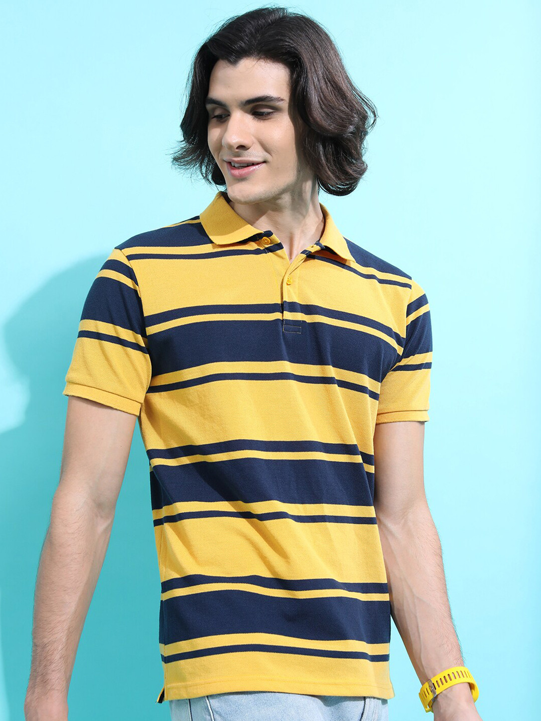 Buy HIGHLANDER Yellow Striped Polo Collar Slim Fit T Shirt - Tshirts ...