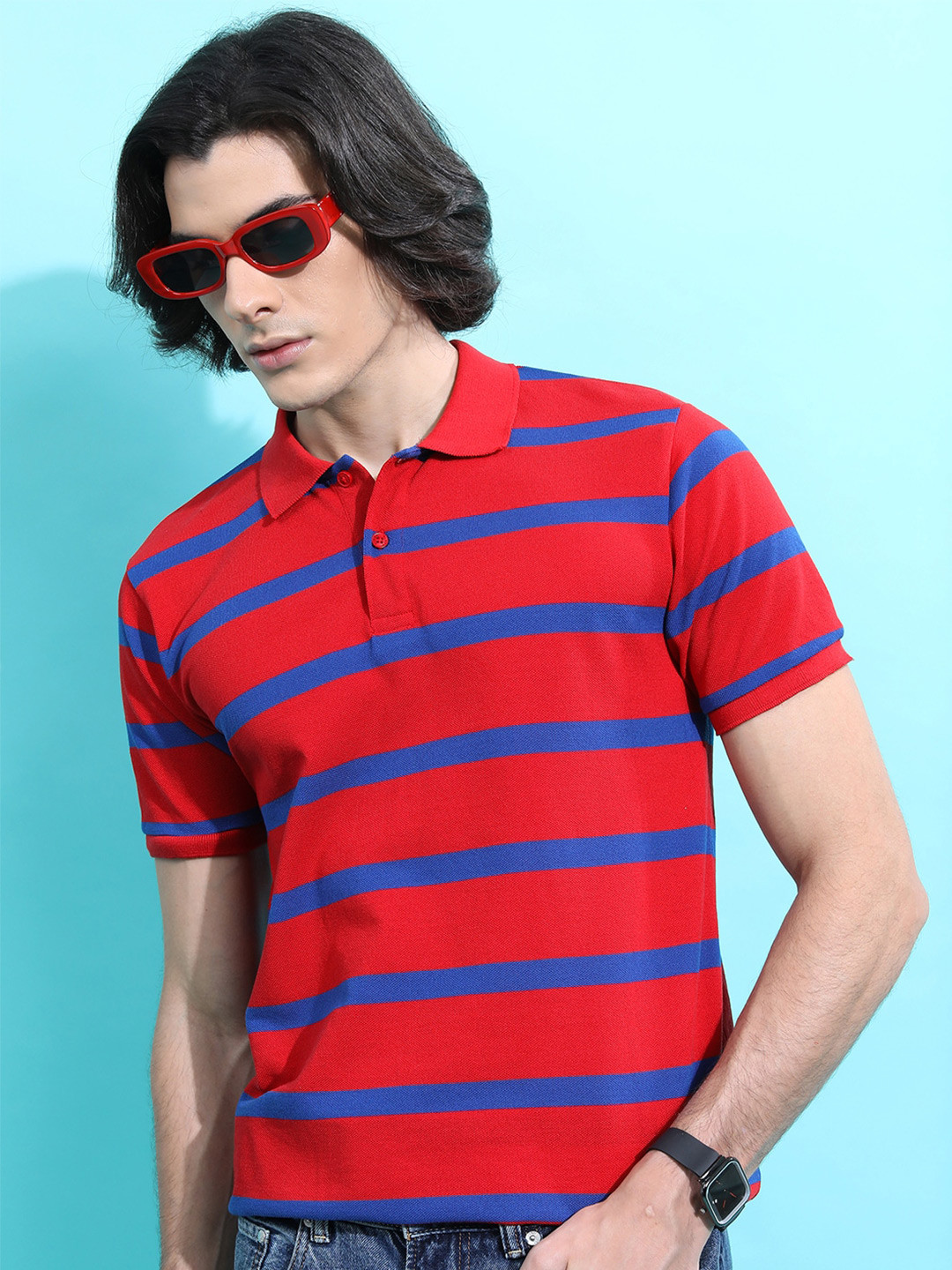 Buy HIGHLANDER Red & Blue Striped Polo Collar Slim Fit Casual T Shirt ...