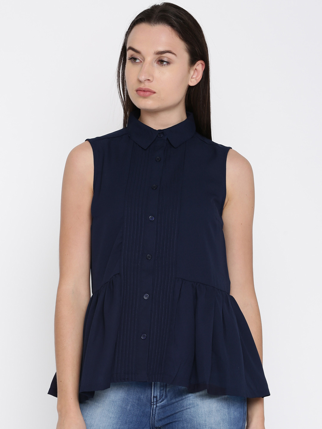 Buy French Connection Women Navy Blue Solid Shirt Style Top - Tops for ...