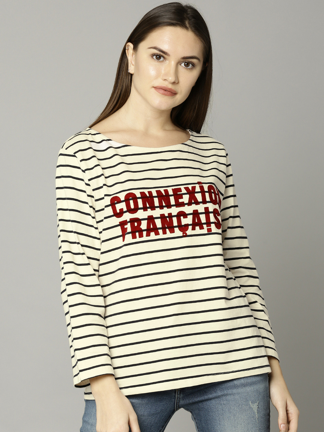 Buy French Connection Women Cream Coloured Striped Round Neck Pure ...