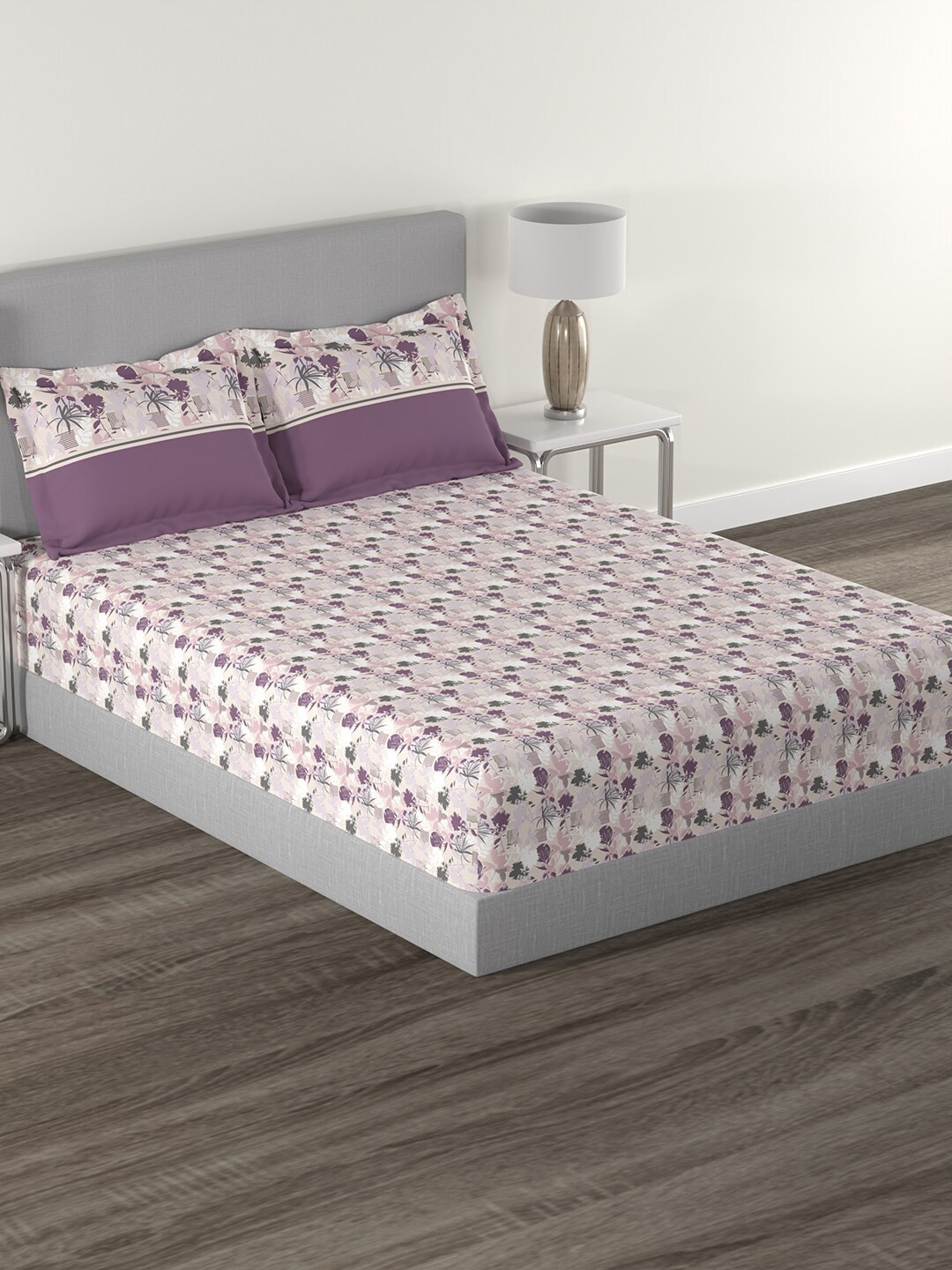 Buy MYTRIDENT Mauve White Floral Cotton 144 TC Queen Bedsheet With 2 ...