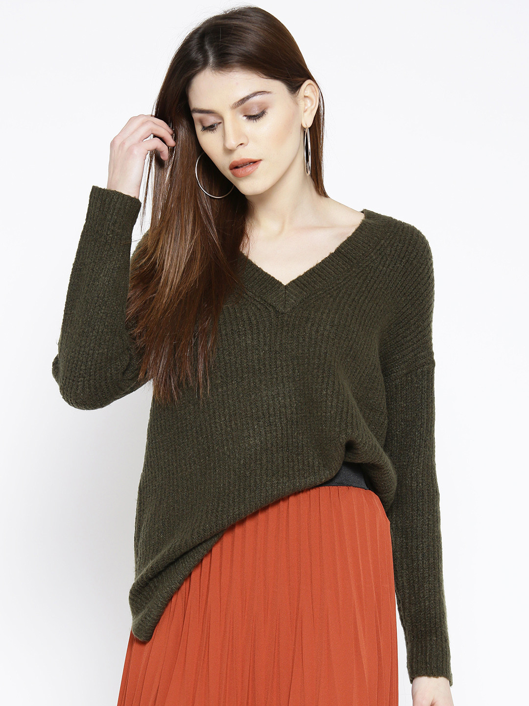 Buy FOREVER 21 Women Olive Green Solid Sweater - Sweaters for Women ...