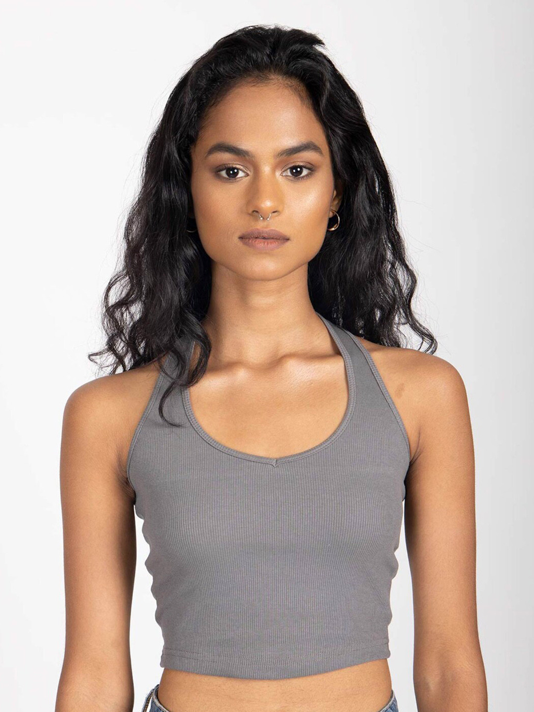 Buy Bonkers Corner Grey Halter Neck Cotton Tank Crop Top - Tops for ...
