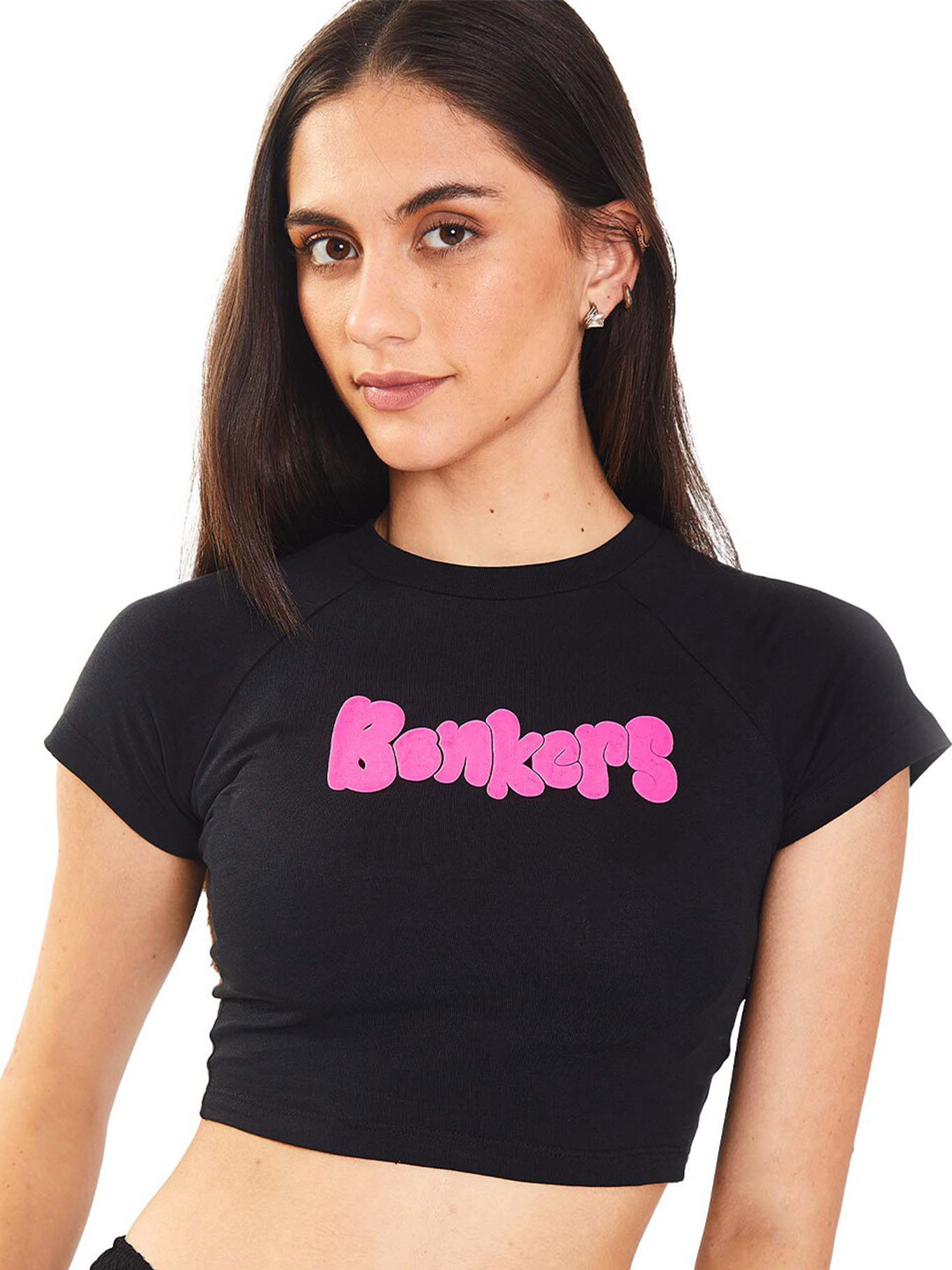 Buy Bonkers Corner Black Printed Round Neck Cotton Crop T Shirt ...