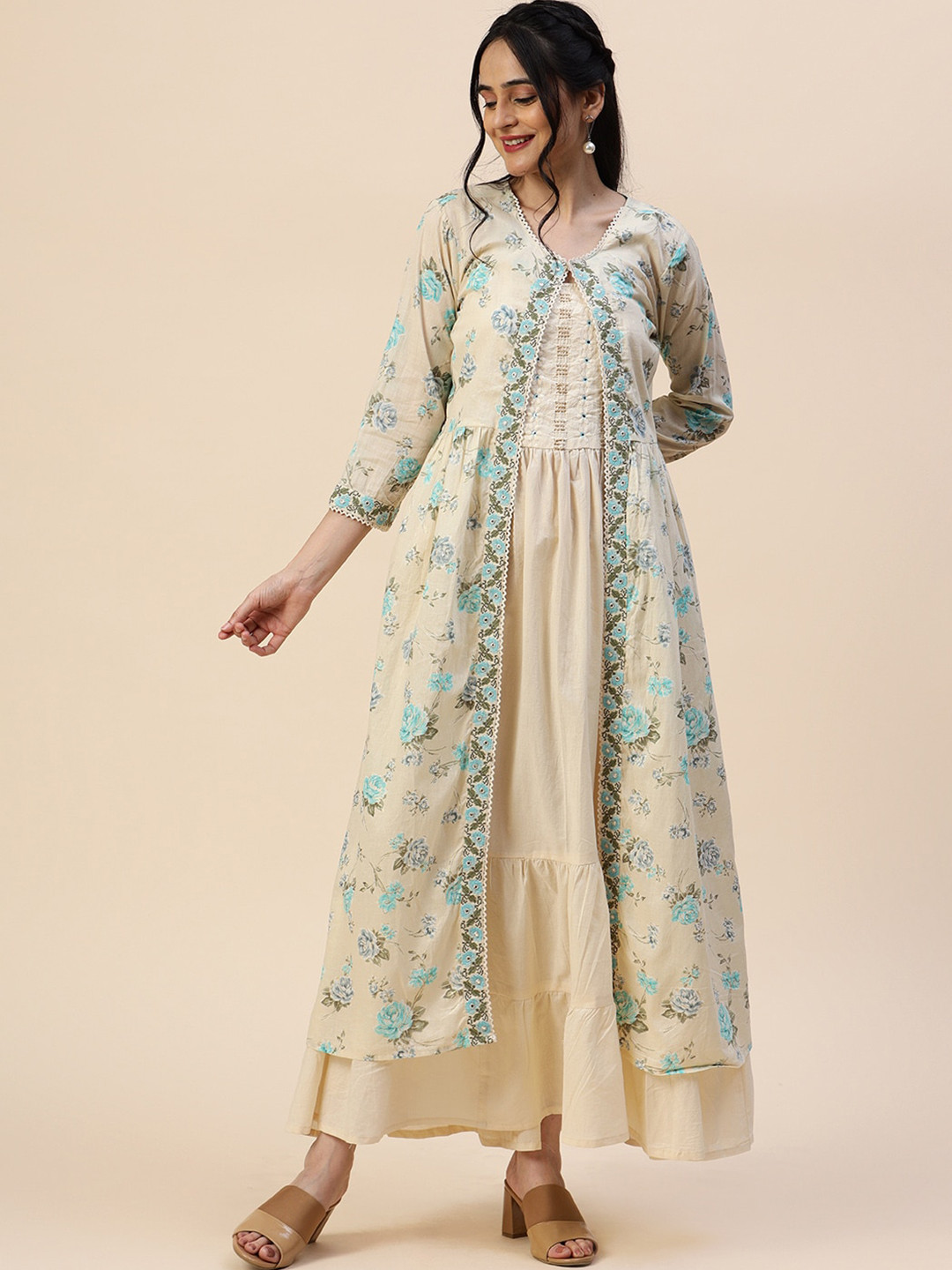 Buy Meena Bazaar Self Design Cotton Shoulder Straps Maxi Dress With ...