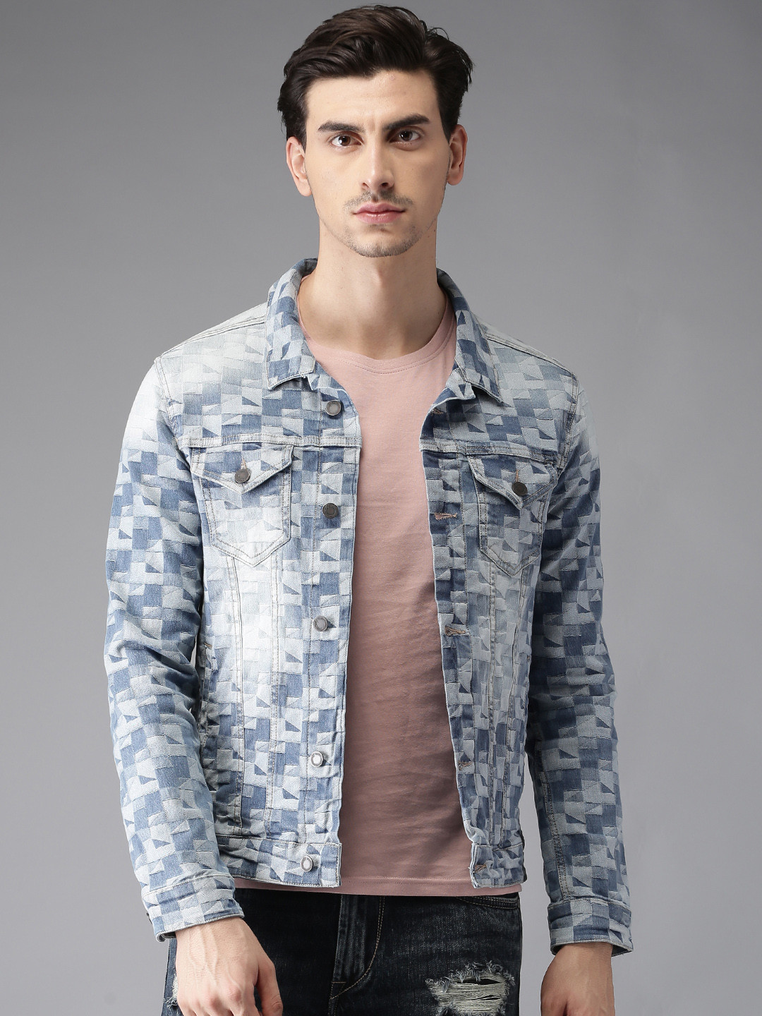 Buy Moda Rapido Men Blue Self Design Denim Jacket - Jackets for Men ...