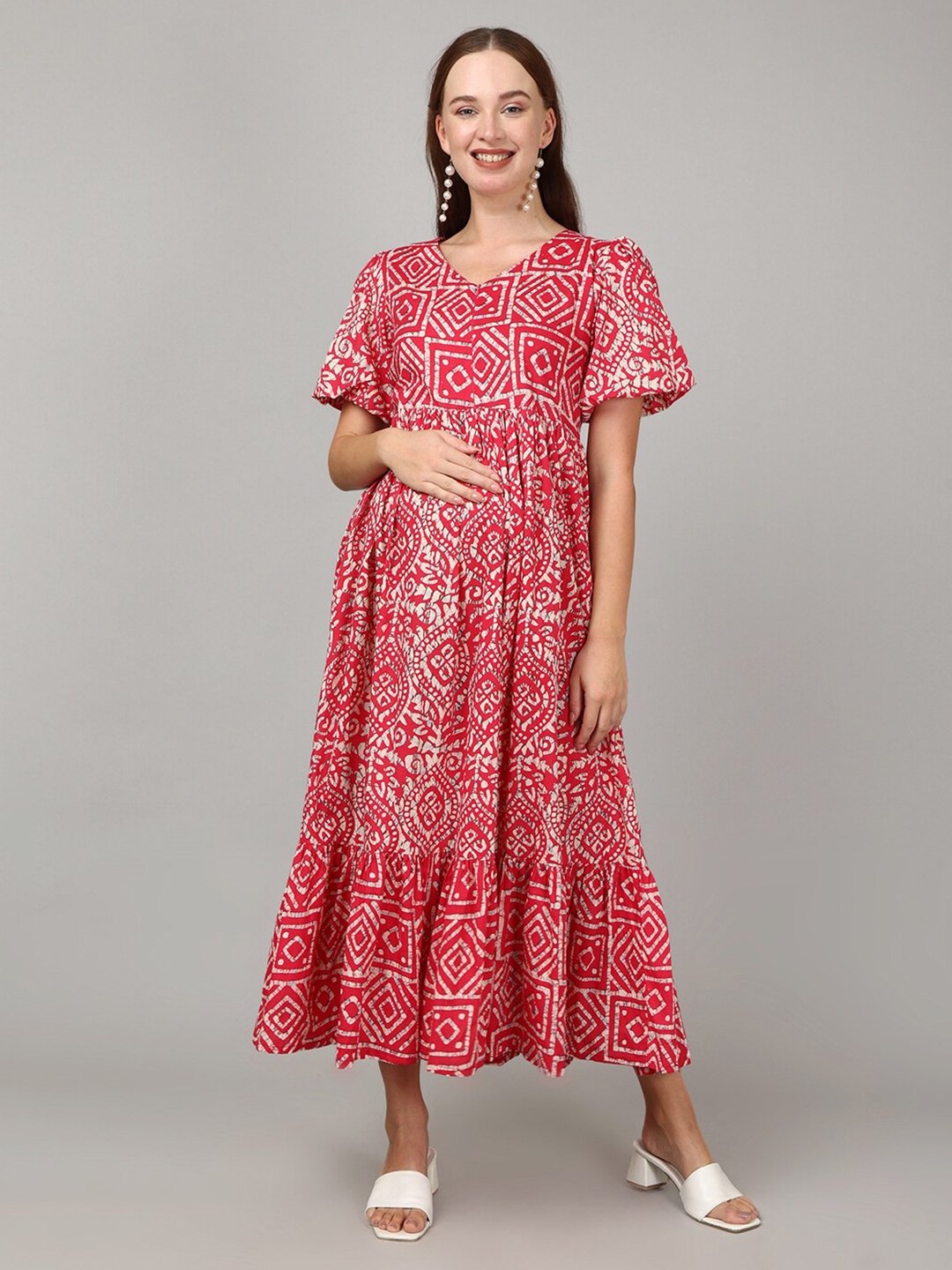 Buy The Mom Store Envy Fuschia Ethnic Printed Puff Sleeve Cotton Fit