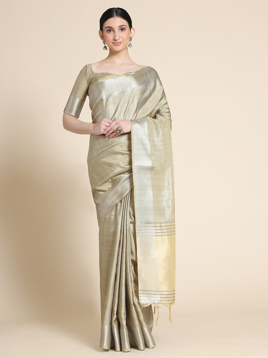 Buy VISHNU WEAVES Solid Zari Pure Linen Designer Saree - Sarees for ...