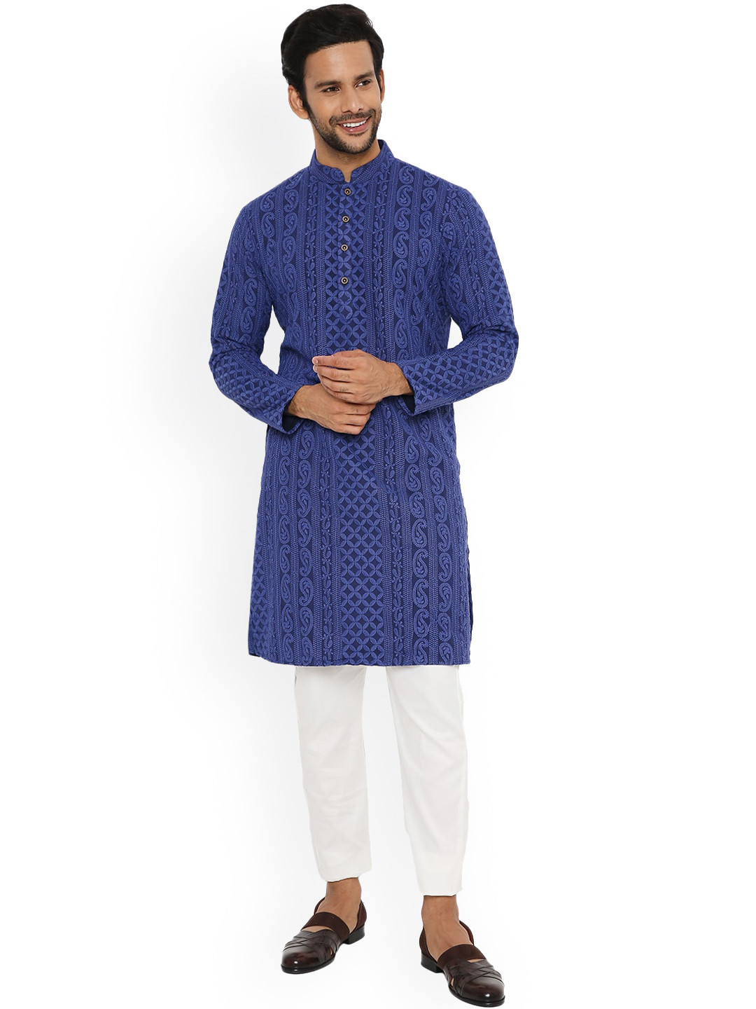 Buy Be Desi Geometric Thread Work Georgette Kurta - Kurtas for Men ...