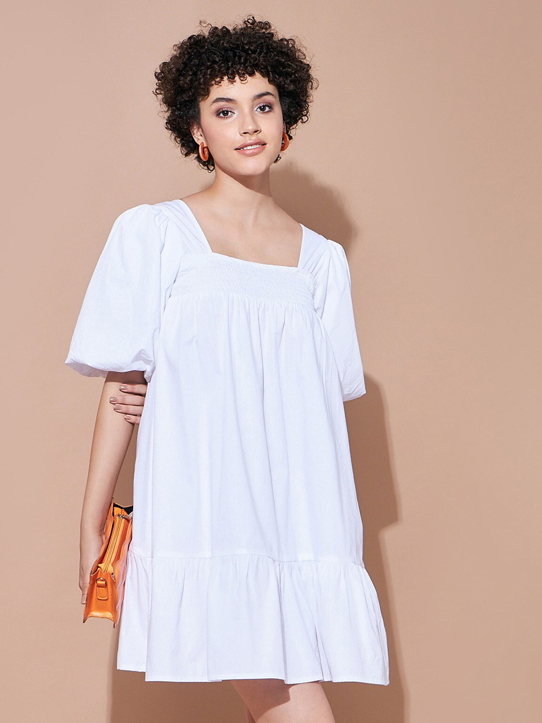 Buy SASSAFRAS BASICS Square Neck Puff Sleeves Pure Cotton Mini A Line ...