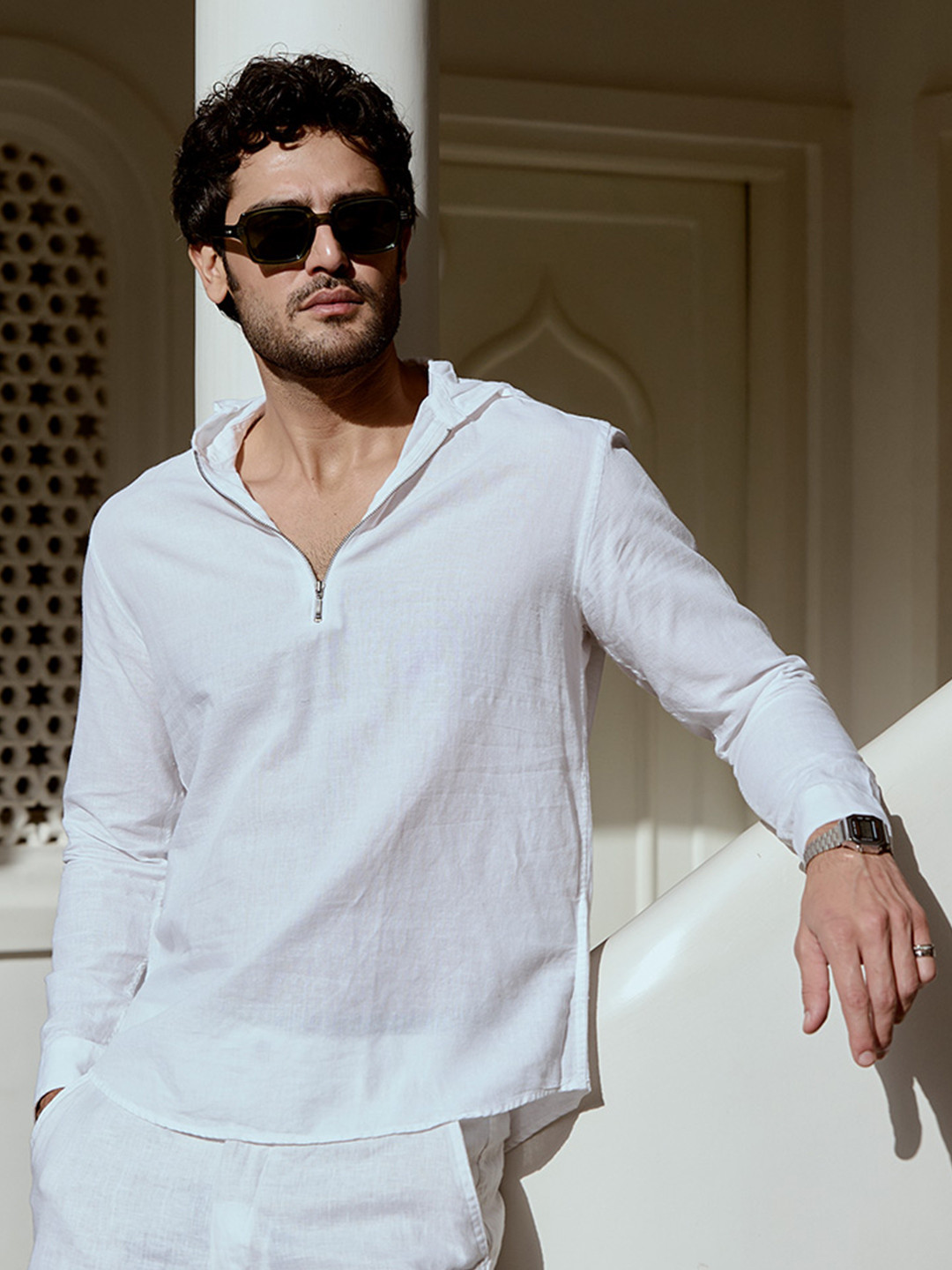 Buy KINGDOM OF WHITE Cocoon Cuffed Sleeves Hooded Cotton Casual Shirt ...