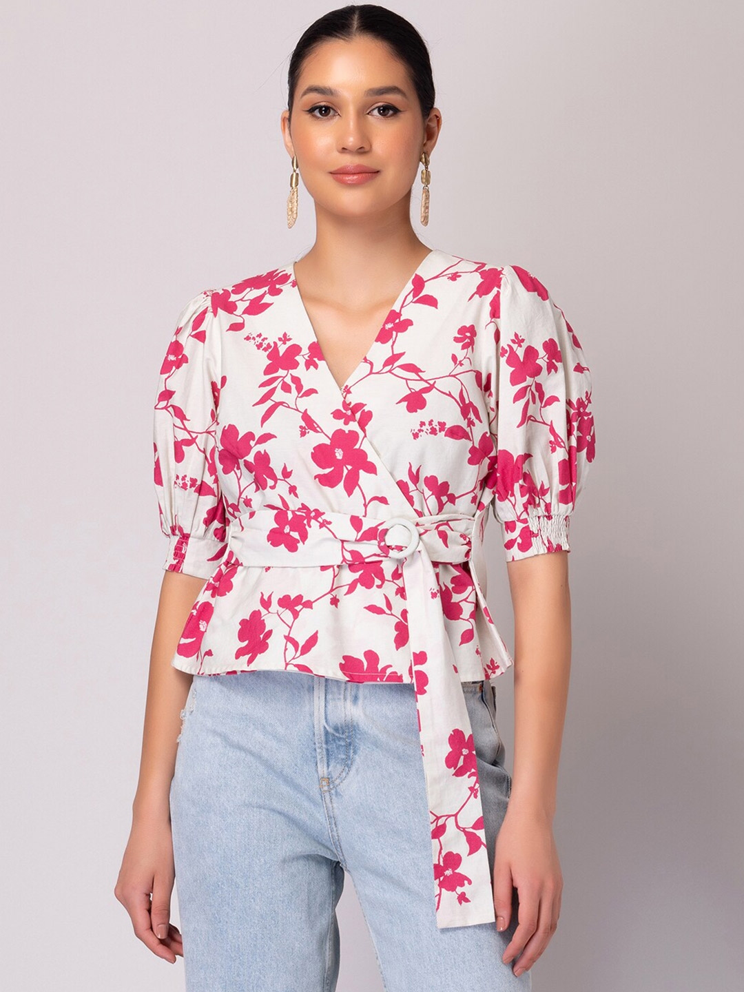 Buy Faballey White Pink Floral Printed Puff Sleeve Pure Cotton Wrap Top